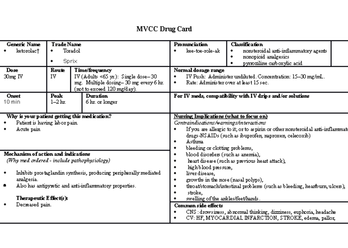 Toradol drug card 161-005 - MVCC Drug Card Generic Name ketorolac ...