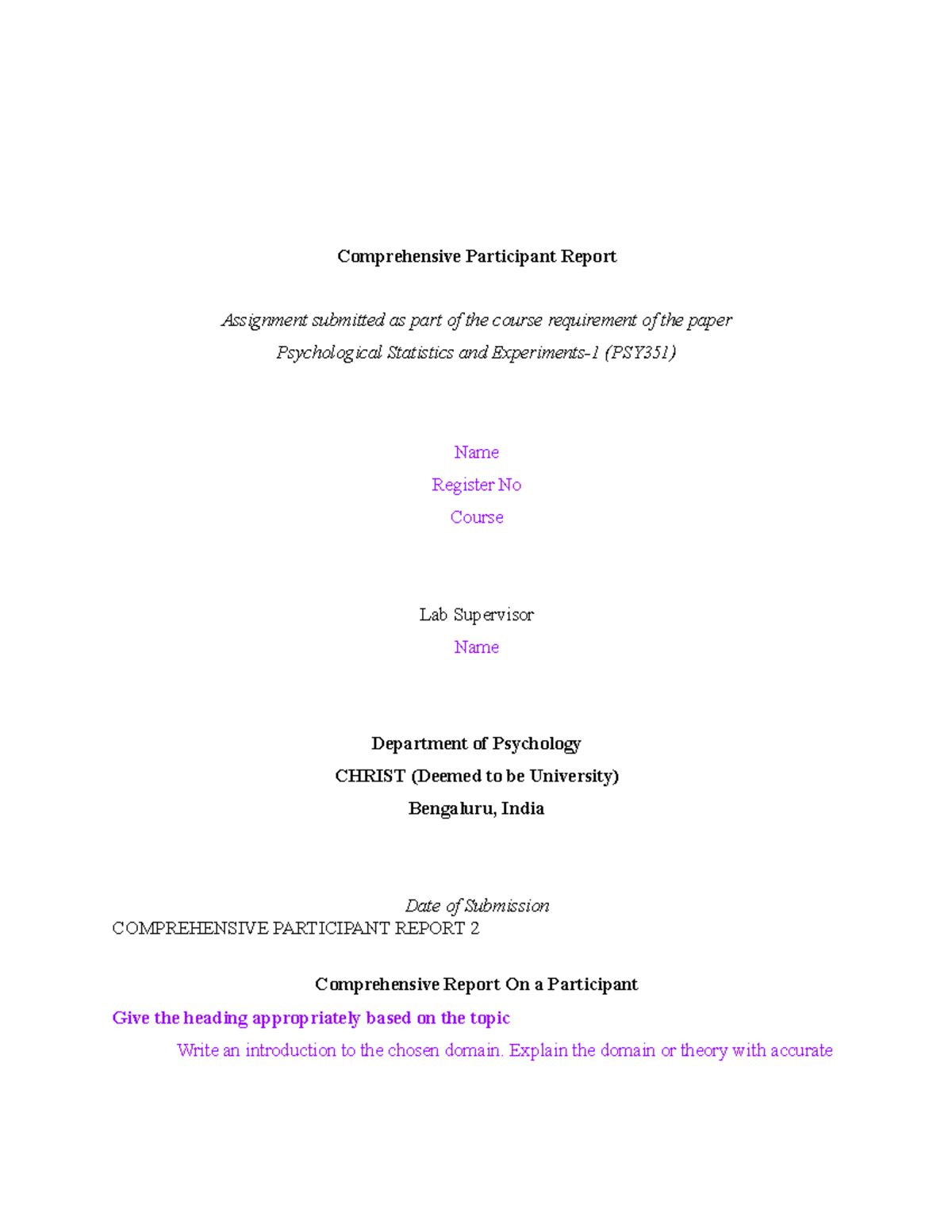 Comprehensive Participant Report for PSY351: Psychological Statistics ...