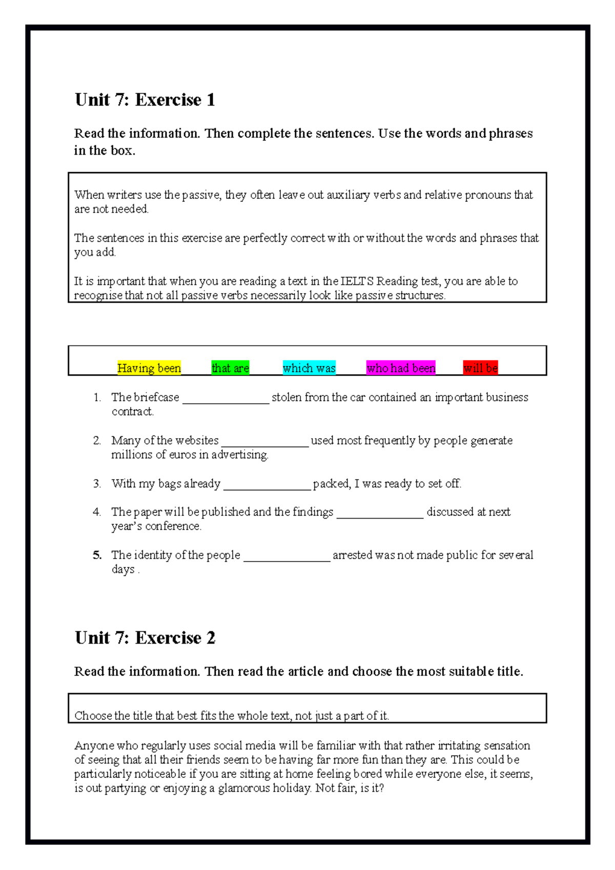 Unit 7 - IELTS Reading Practice: Social Media Effects & Exercises - Studocu