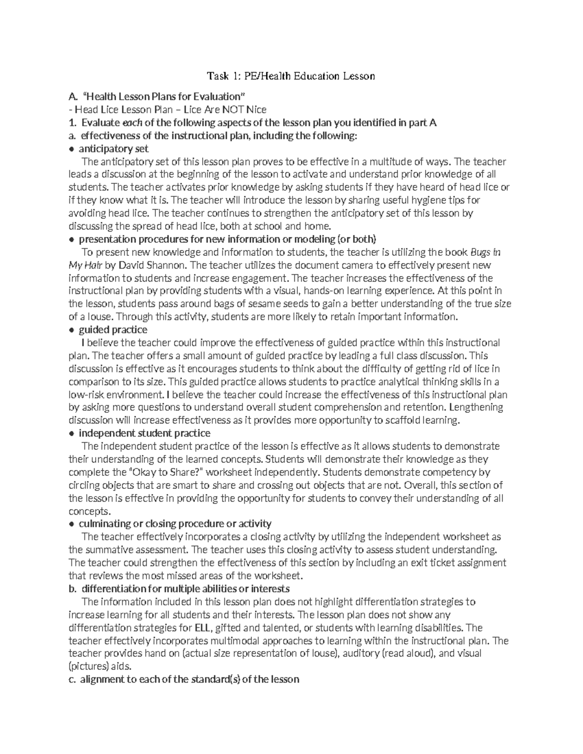 EBP2 Task 1: Health Education Lesson Plan Evaluation - Studocu