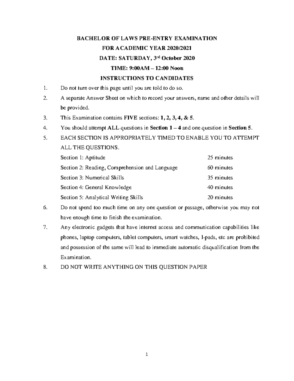 Bachelor of Laws Pre-Entry Exam Guidelines and Structure 2020 - Studocu