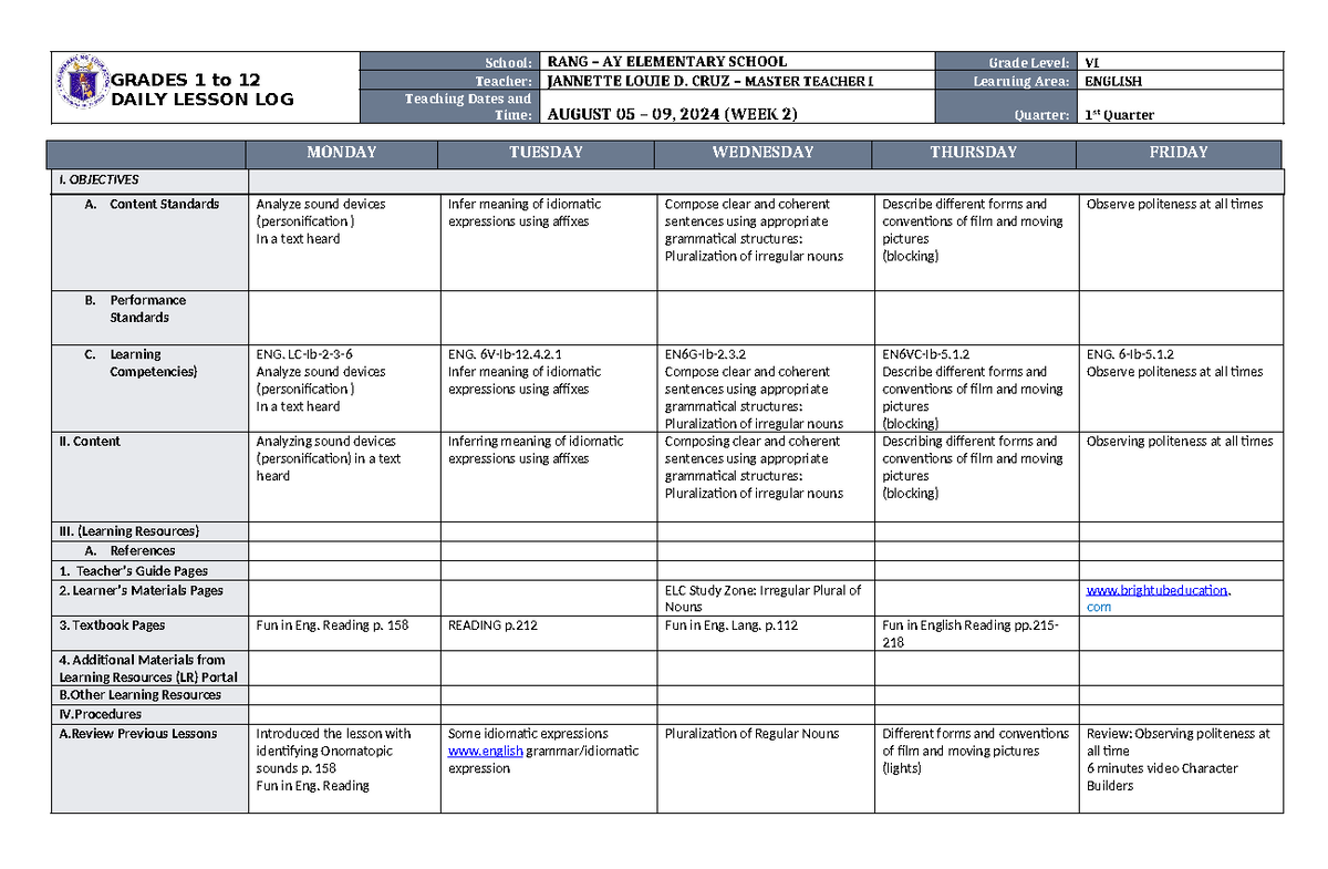 DLL English 6 Q1 W2 - Daily Lesson Log for Grade VI - Studocu