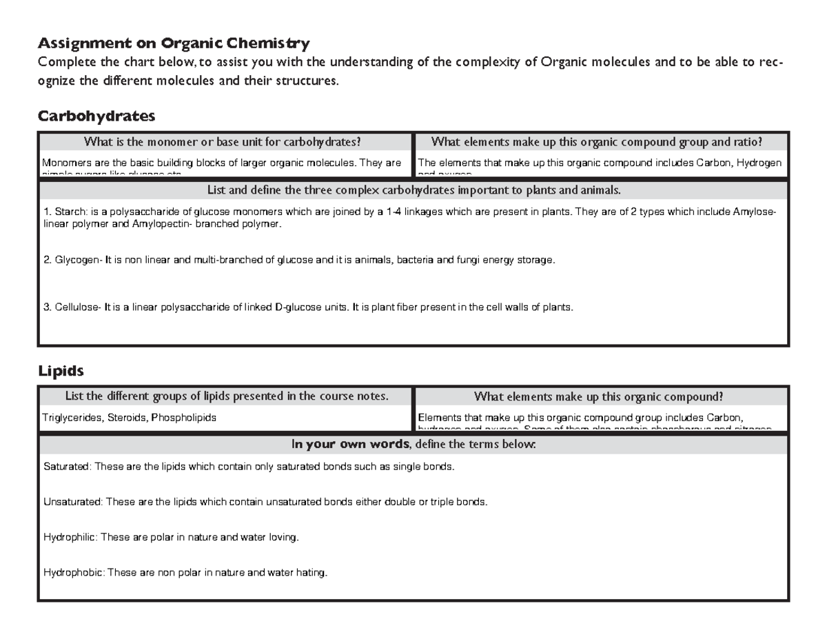 Assignment 4 Organic Chemistry Worksheet - Assignment on Organic ...
