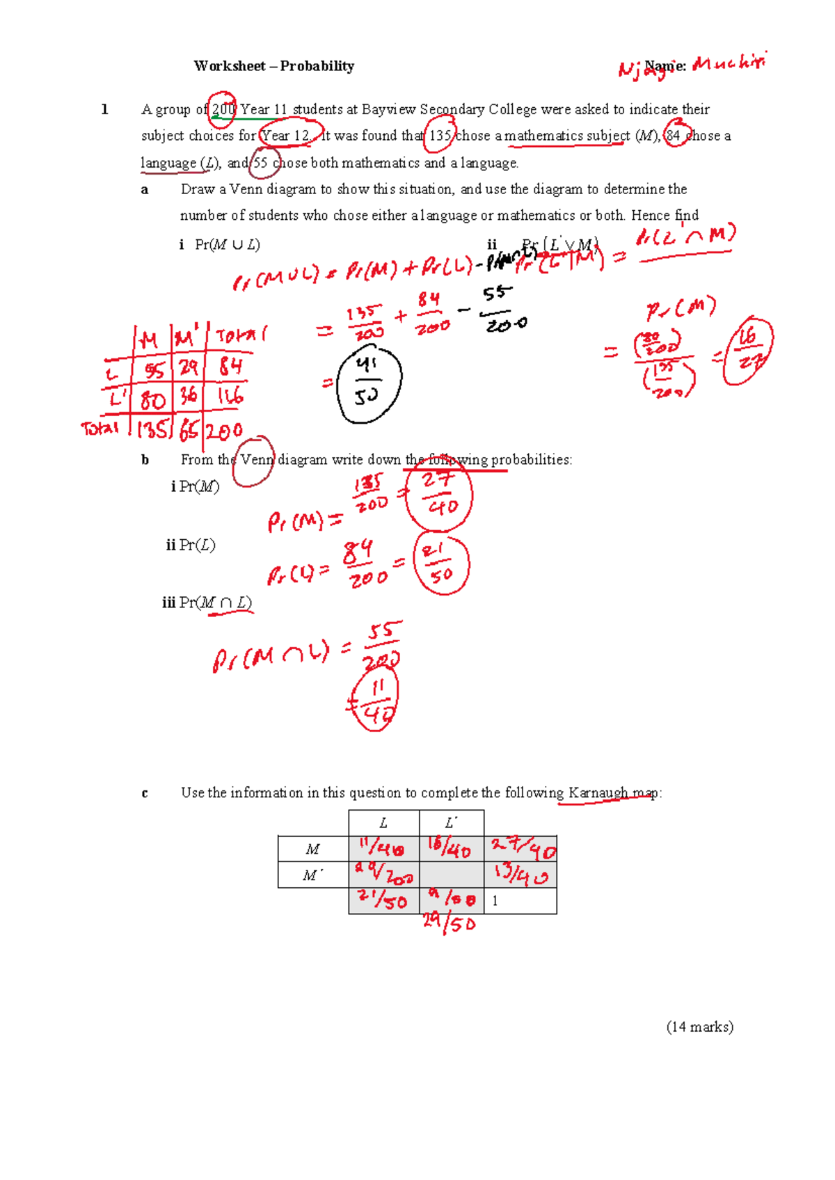 11MM Worksheet on Probability: Subject Choices Analysis - Studocu