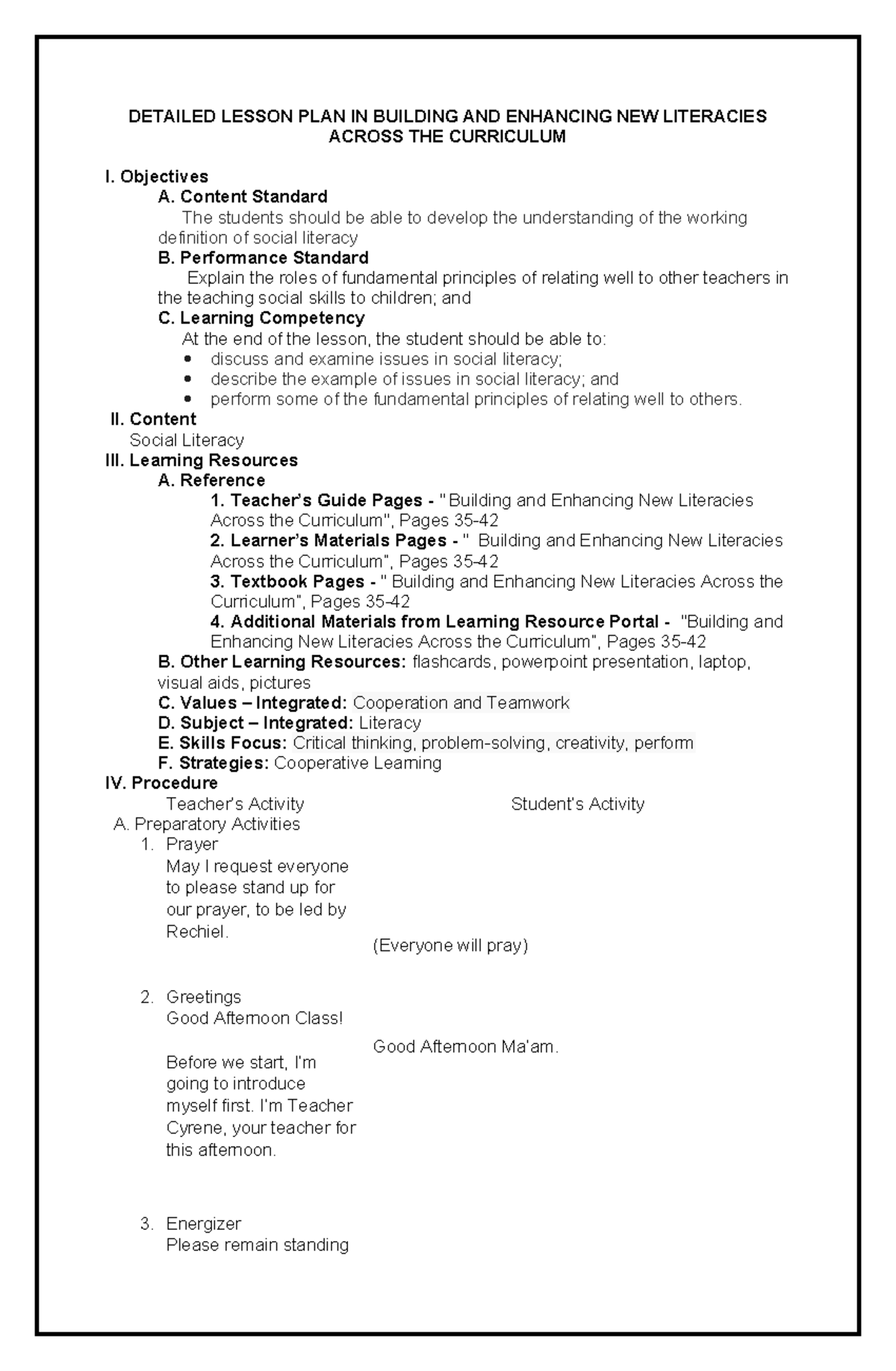 Social Literacy Lesson Plan: Building New Literacies Across Curriculum ...