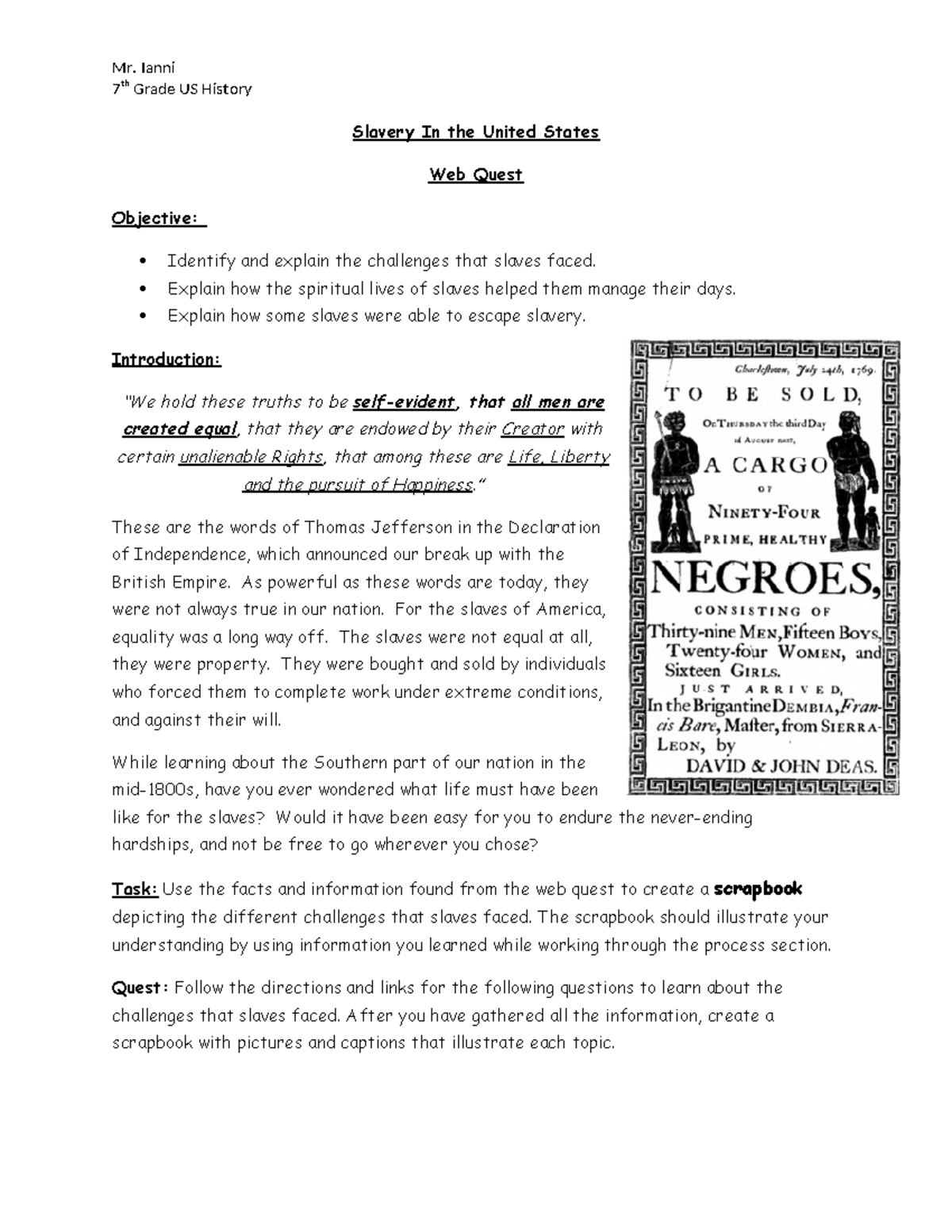 7th Grade US History: Slavery Webquest and Scrapbook Project - Studocu