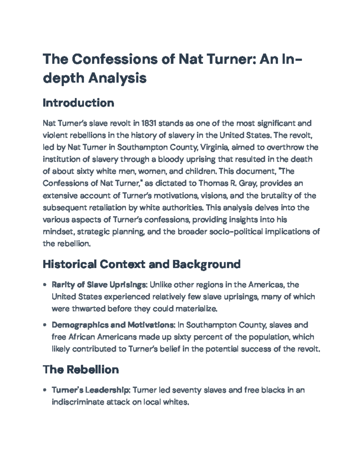 The Confessions of Nat Turner: Analysis of the 1831 Slave Rebellion ...
