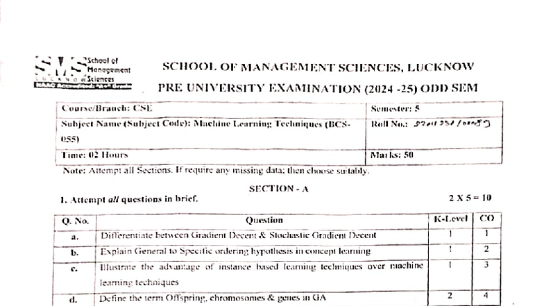 PUT 2024 Odd Sem CSE Semester 5: Machine Learning Techniques Exam Notes ...