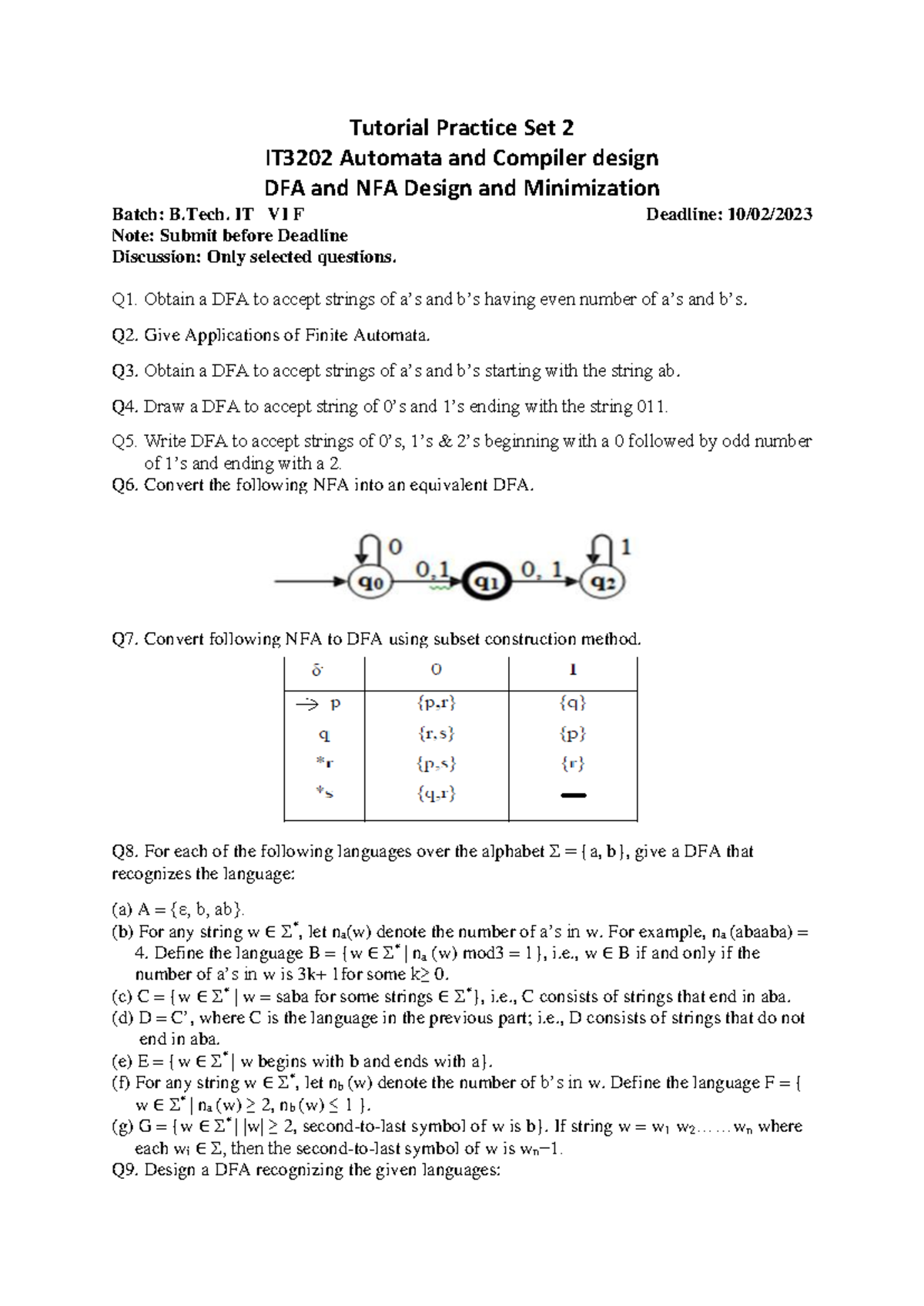 IT3202 Tutorial Practice Set 2: DFA & NFA Design and Minimization - Studocu