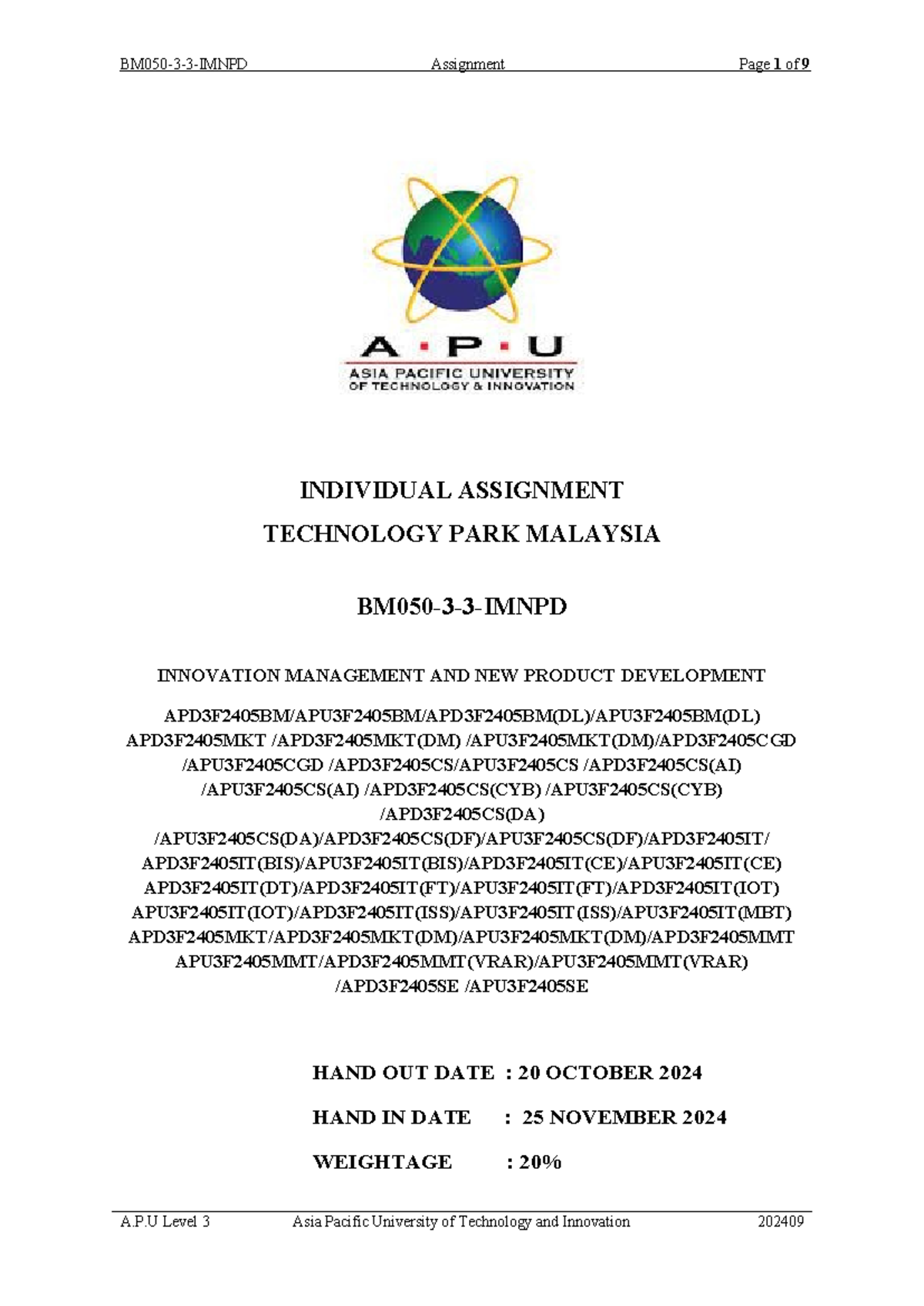 Innovation Management in NPD: Individual Assignment BM050-3-3-IMNPD ...