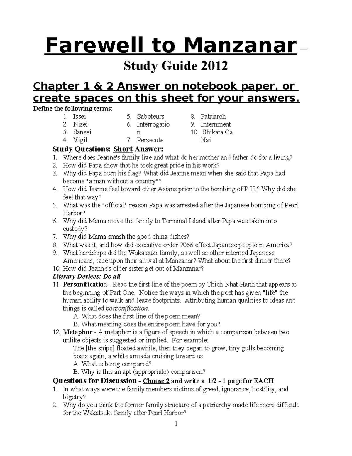 Farewell to Manzanar Study Guide: Chapters 1-22 SG 2012 - Studocu