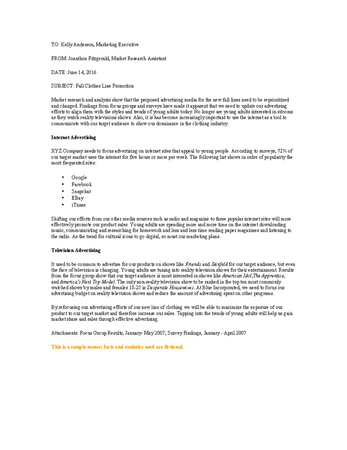 Memo Format Example: Advertising Strategy for Fall Clothes Line - Studocu