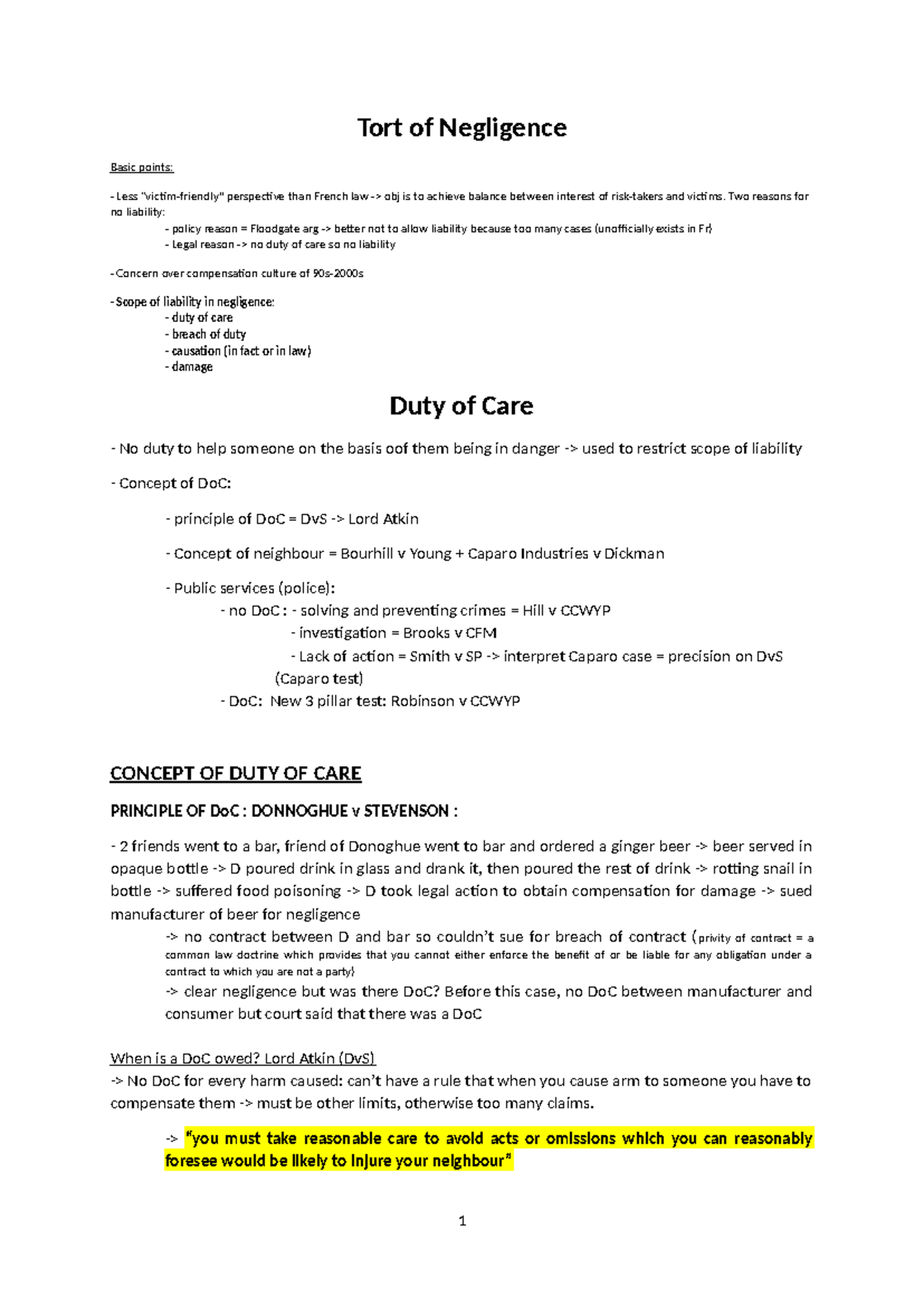 Fiche 1 tort law CM - Résumé Tort Law - Tort of Negligence Basic points: - Less “victim-friendly ...