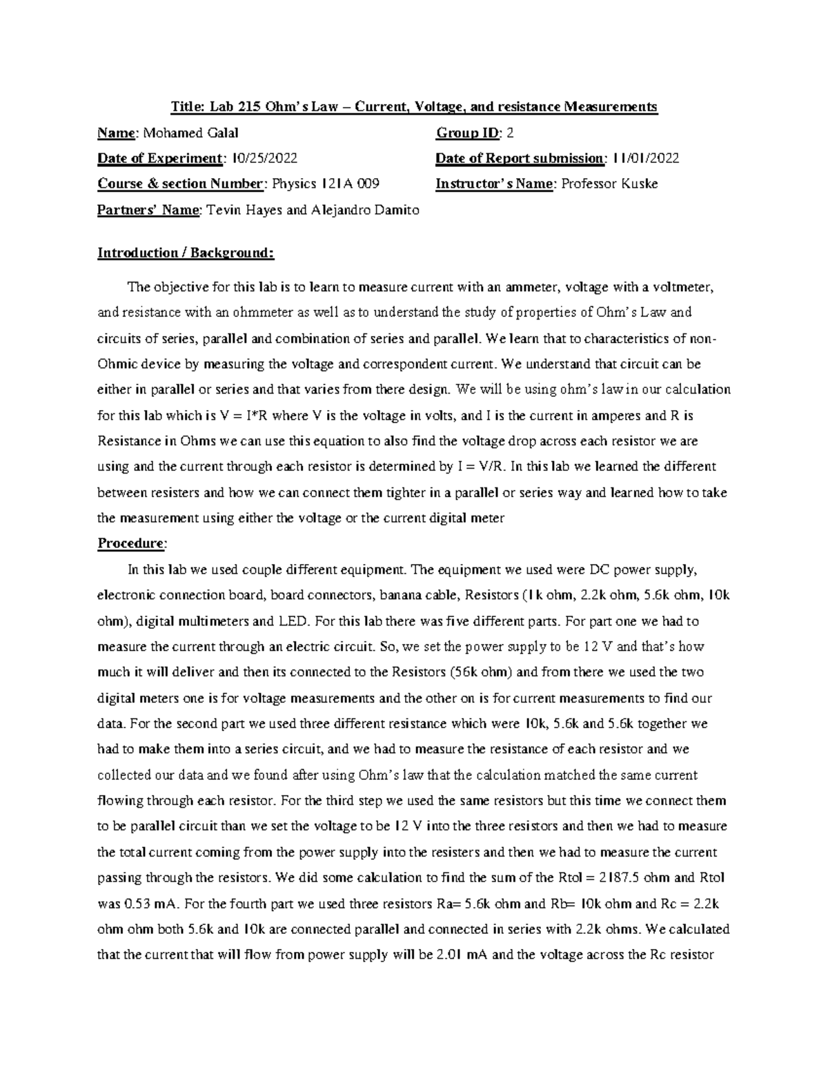 Lab 215 - Ohm's Law: Current, Voltage, and Resistance Measurements ...