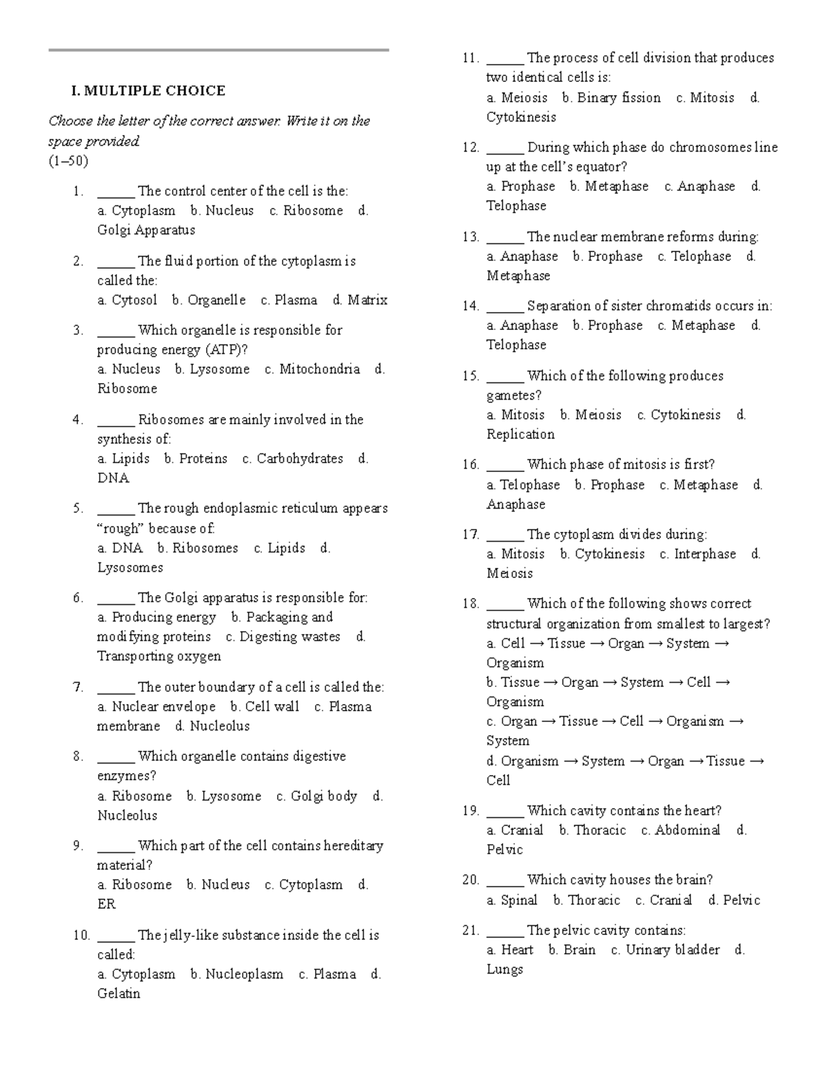Anaphy Lecture QUIZ - Comprehensive Cell Division & Anatomy Questions ...