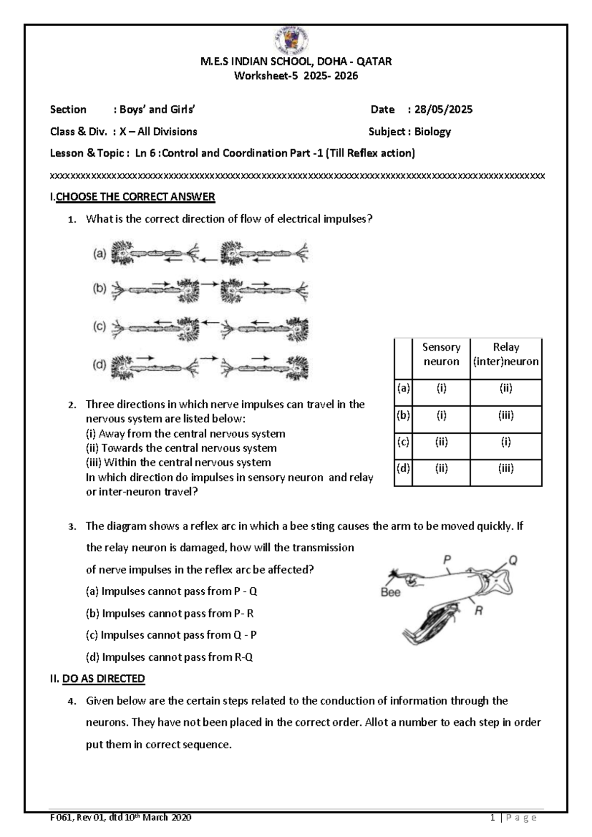 Class 10 Biology Worksheet: Control & Coordination (Part 1) - Studocu