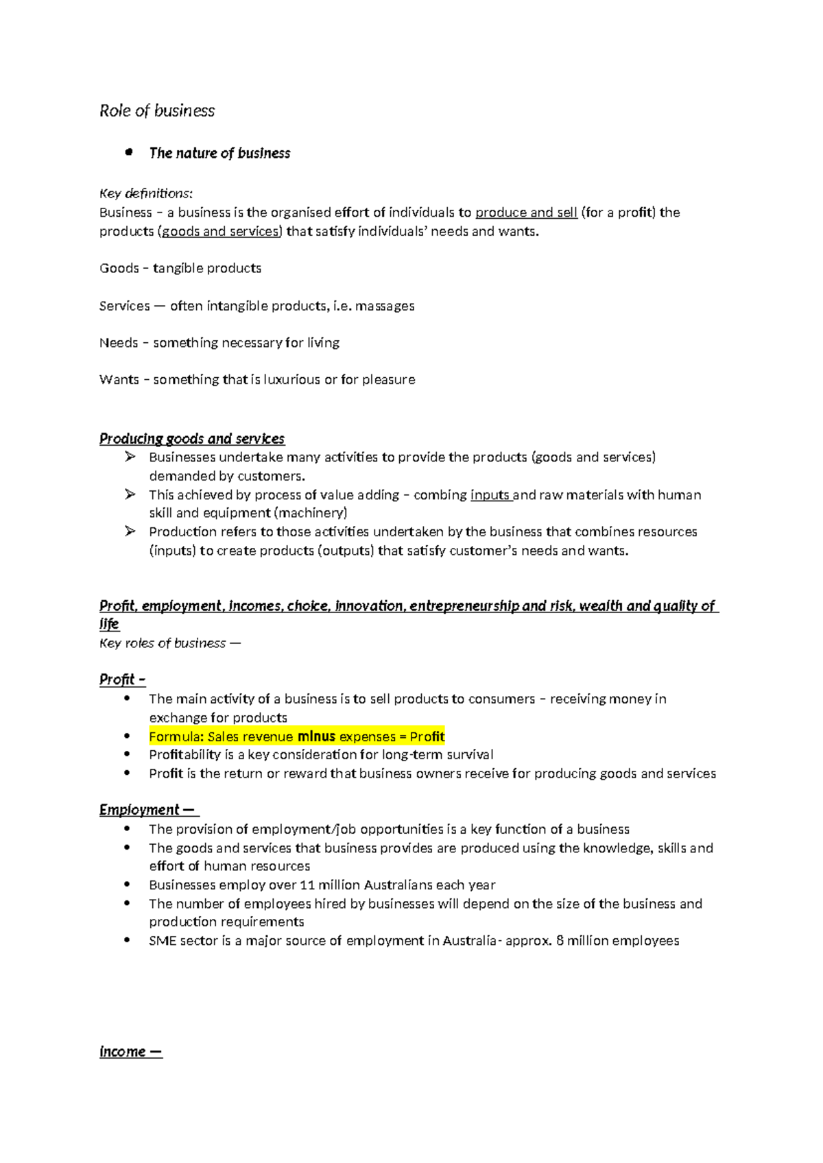 Chapter 1: Role of Business - Key Concepts & Definitions - Studocu