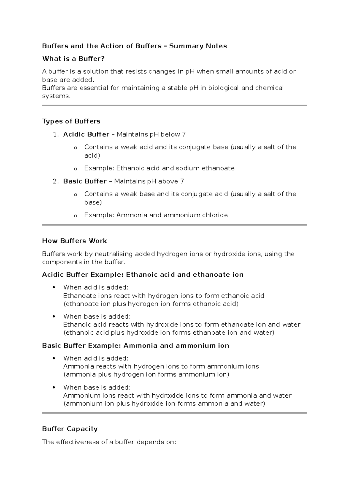 Buffers and the Action of Buffers: Summary Notes on pH Stability - Studocu