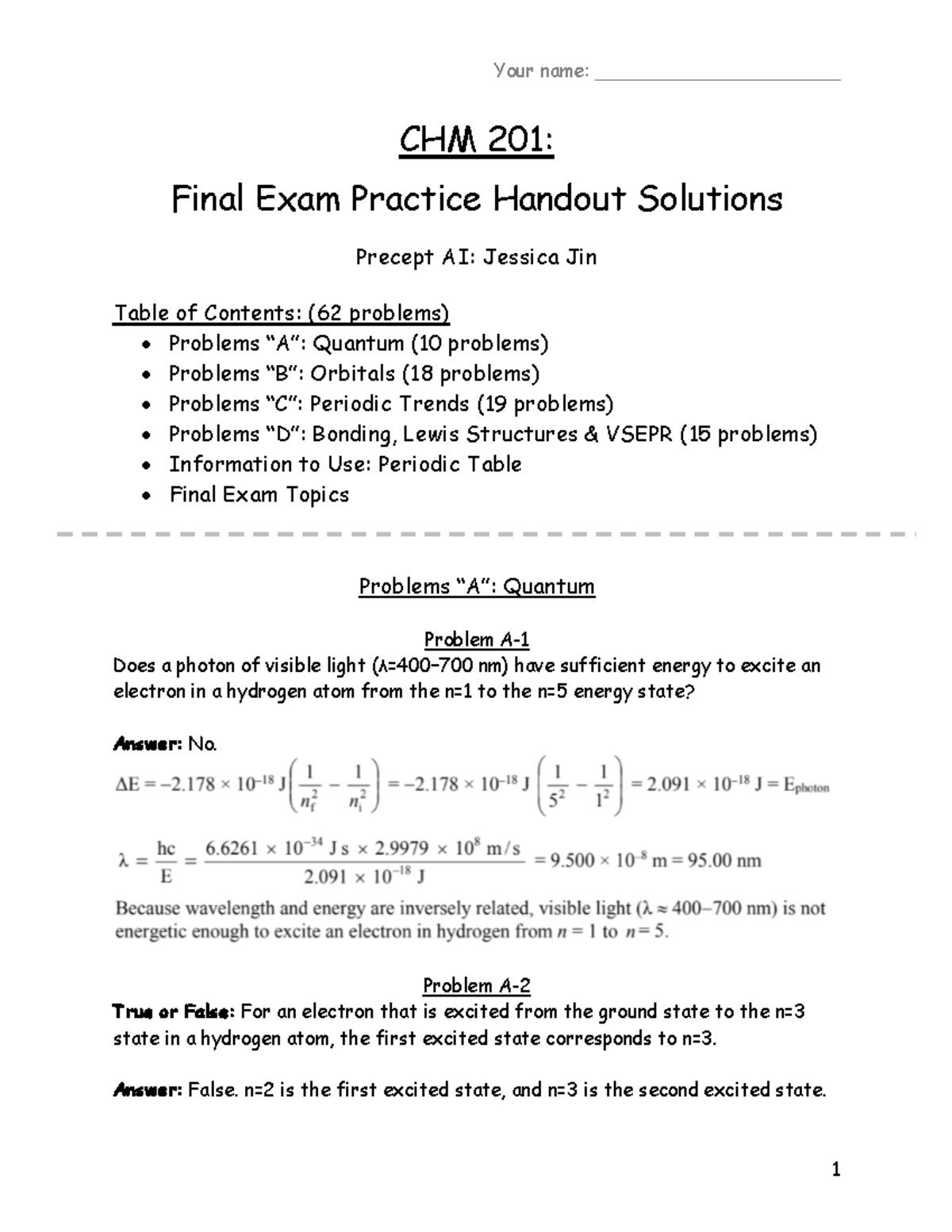 Final Practice Handout Solutions - CHM 201: Final Exam Practice Handout Solutions Precept AI ...