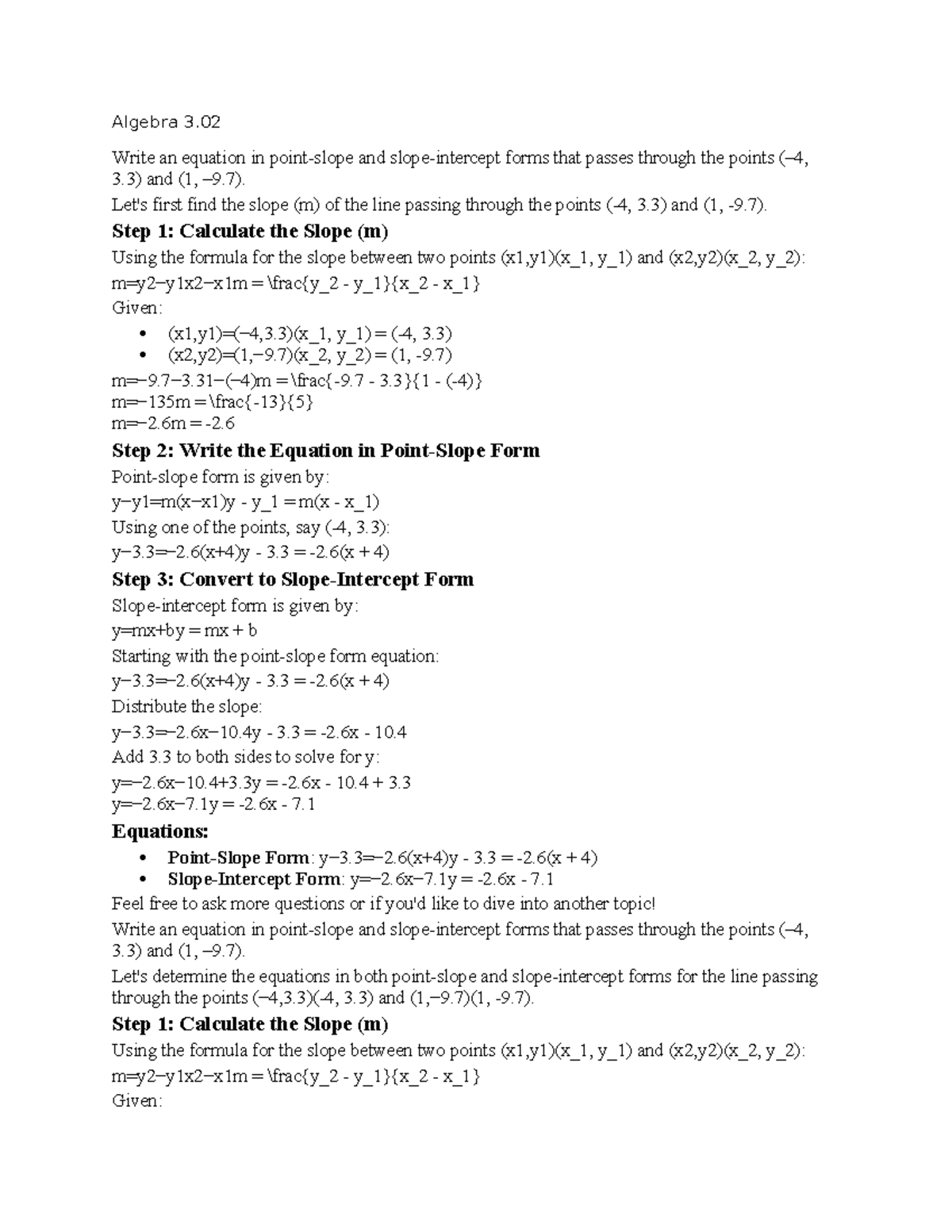Algebra 3.02 Quiz answers - Algebra 3. Write an equation in point-slope ...