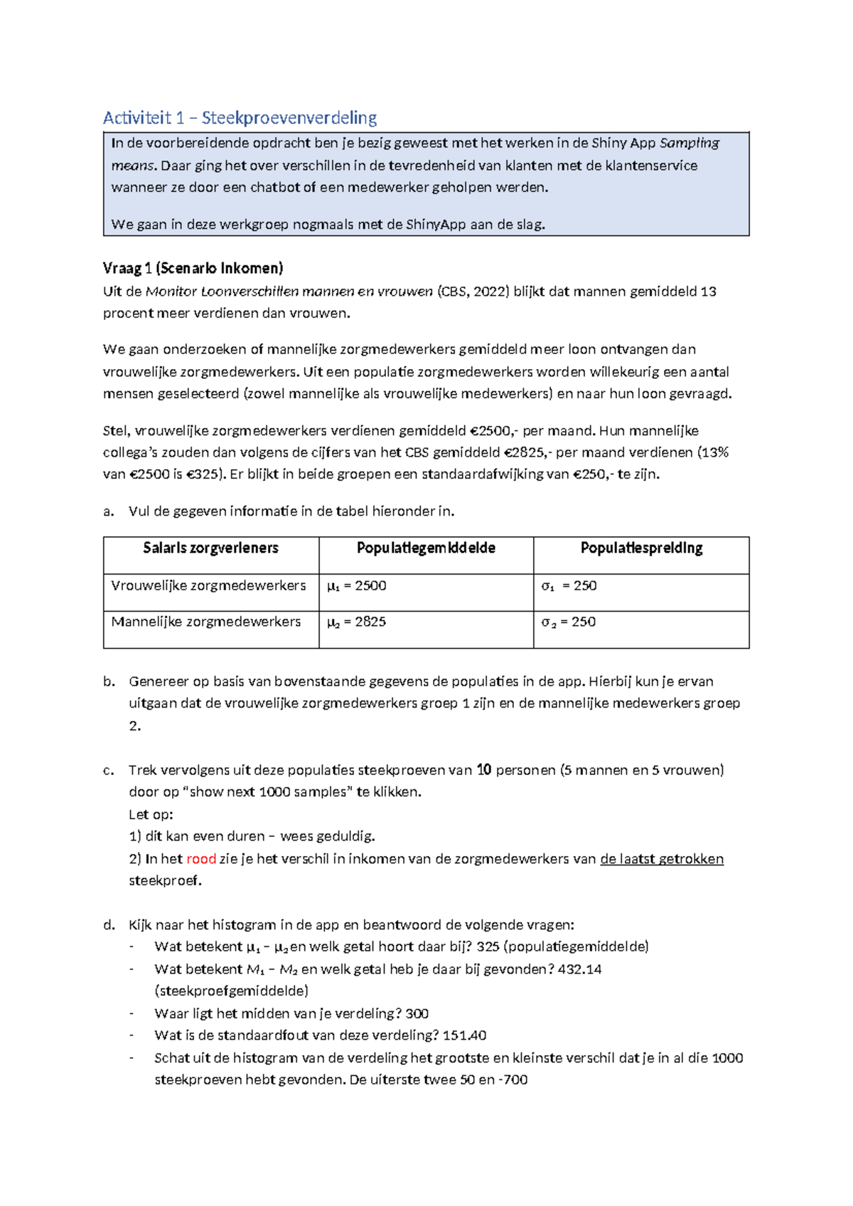 Activiteit 1 - Steekproevenverdeling en Loonverschillen Zorgmedewerkers ...