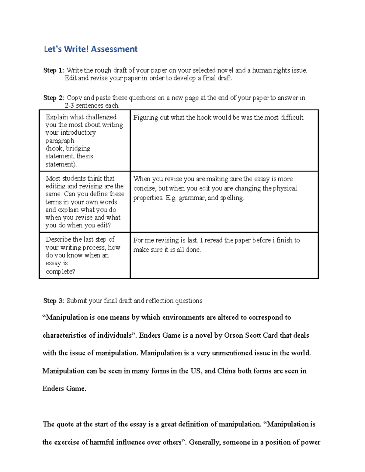 3.08 Let's Write! Assessment and Rubric on Human Rights Themes - Studocu
