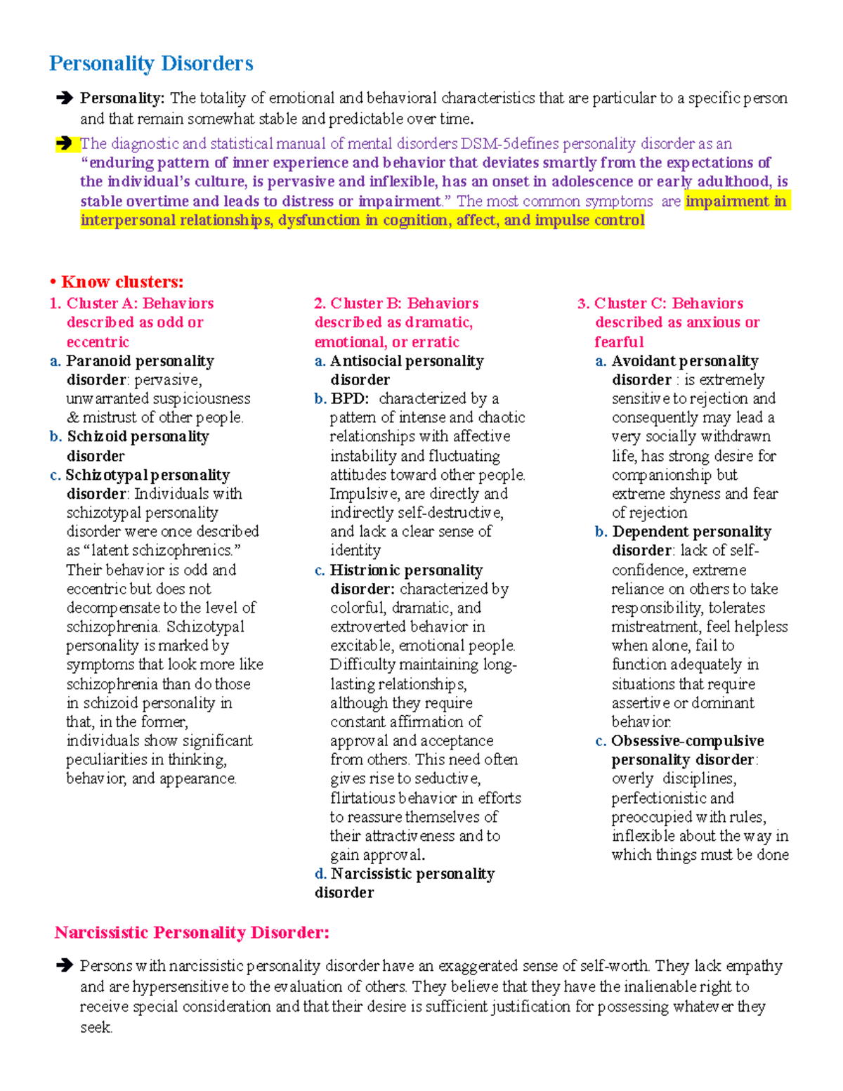 Personality Disorders Overview and Key Concepts (Psych 101) - Studocu