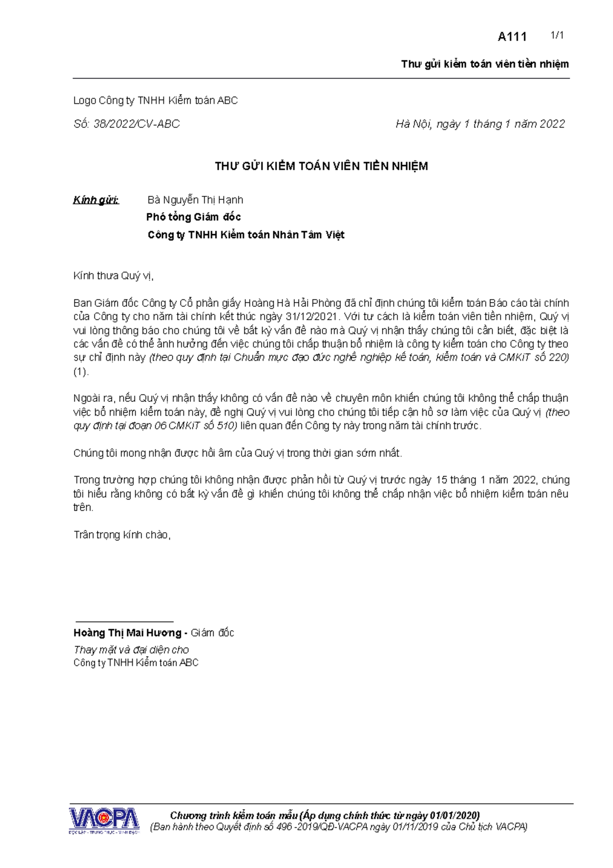 A111-Thu gui KTV tien nhiem (v) - A111 1/ Thư gửi kiểm toán viên tiền ...