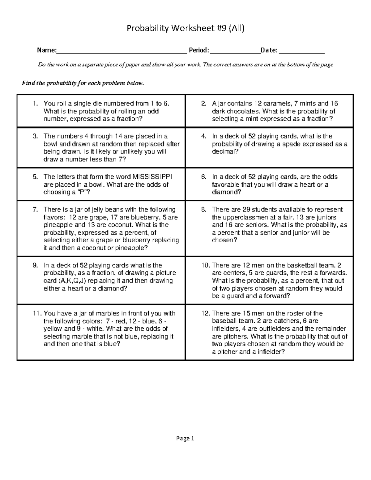 Probability Worksheet #9: Calculating Odds and Percentages - Studocu