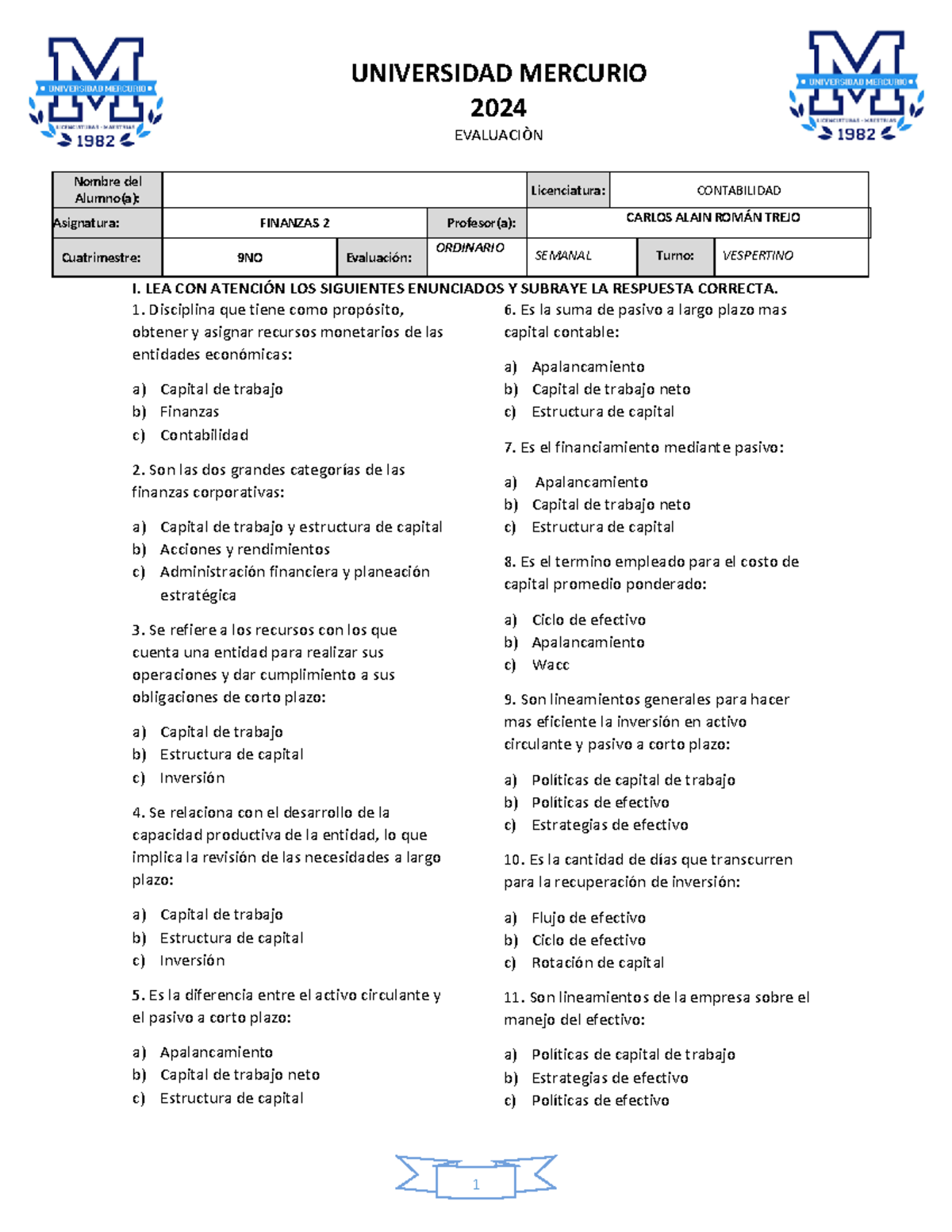 Examen Ordinario Finanzas 2 - Evaluación 2024 - Studocu