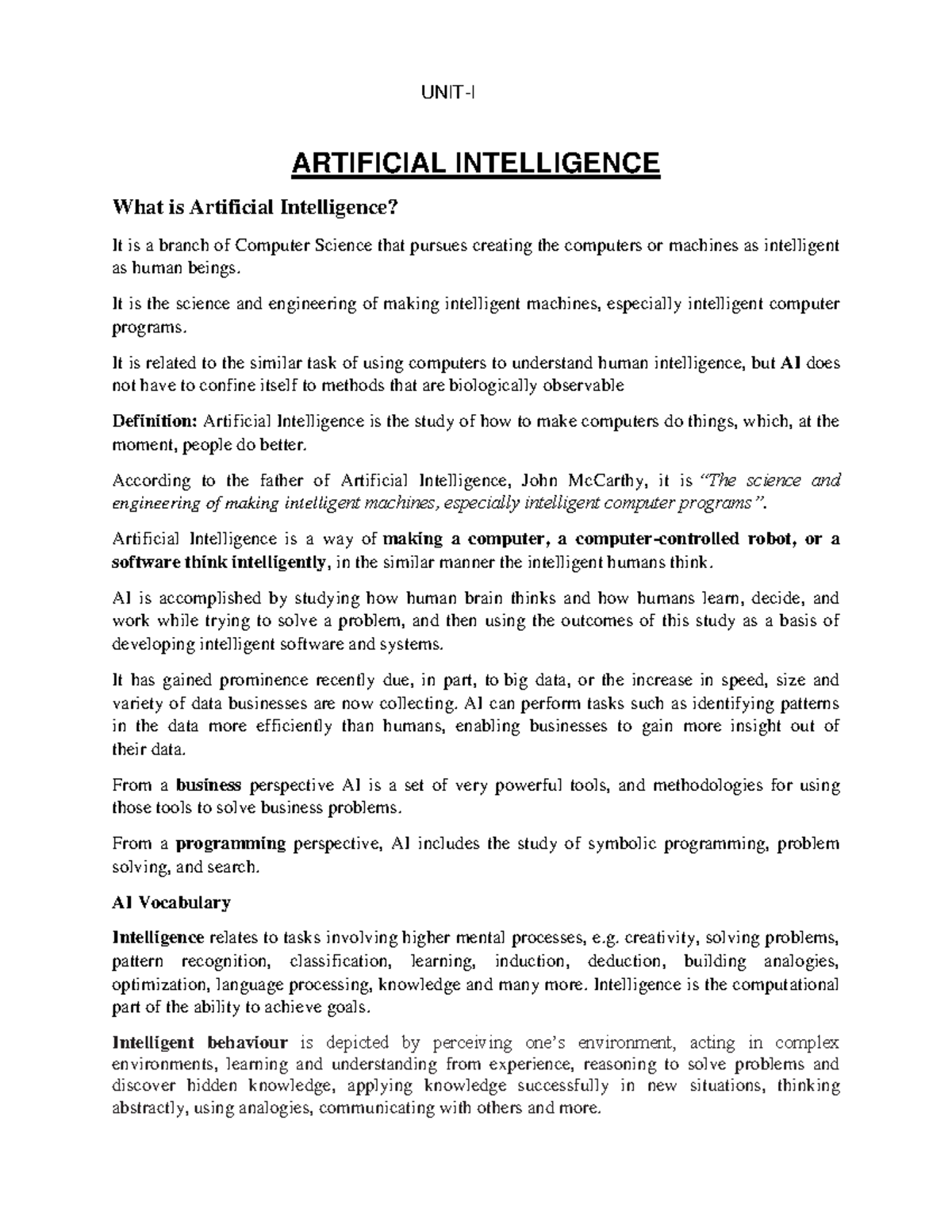 AI - UNIT 1 - Introduction to Artificial Intelligence and Expert ...