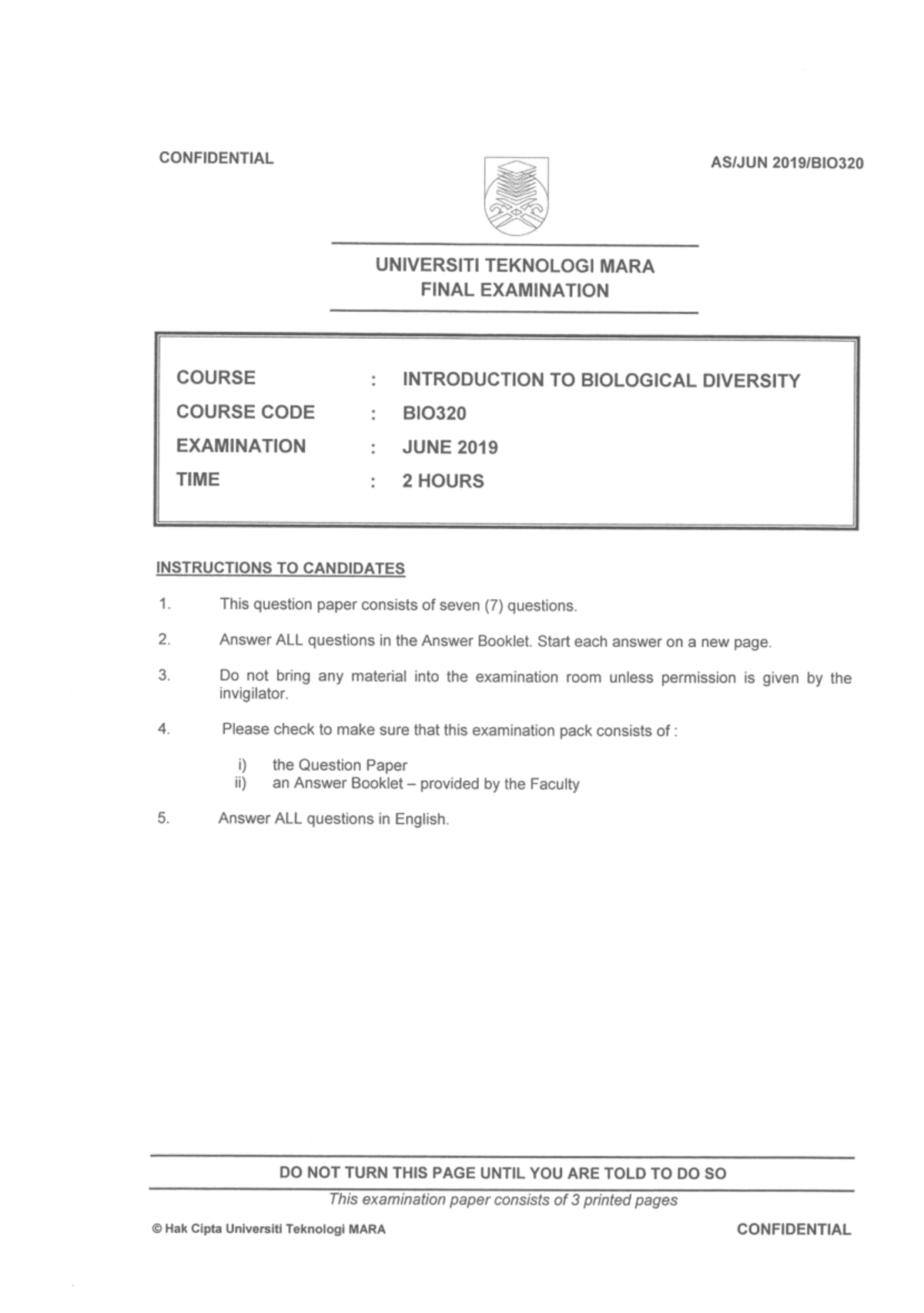 BIO320 - Final Exam Paper: Introduction to Biological Diversity - Studocu