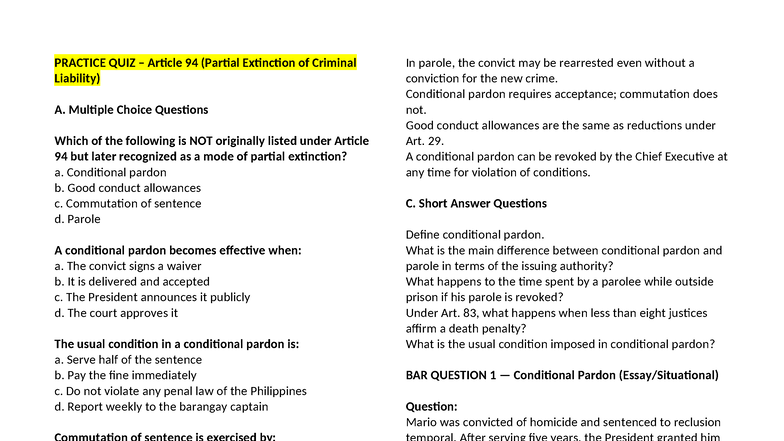 PRACTICE QUIZ: Article 94 - Partial Extinction of Criminal Liability ...