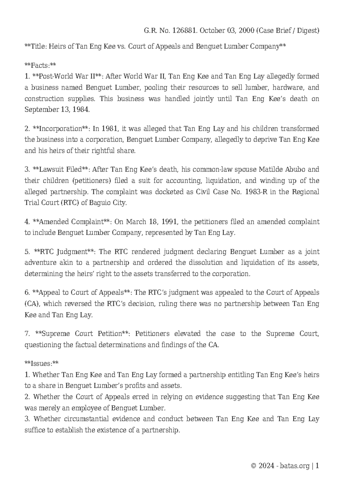 G.R. No. 126881: Case Brief Digest on Heirs of Tan Eng Kee vs. CA - Studocu