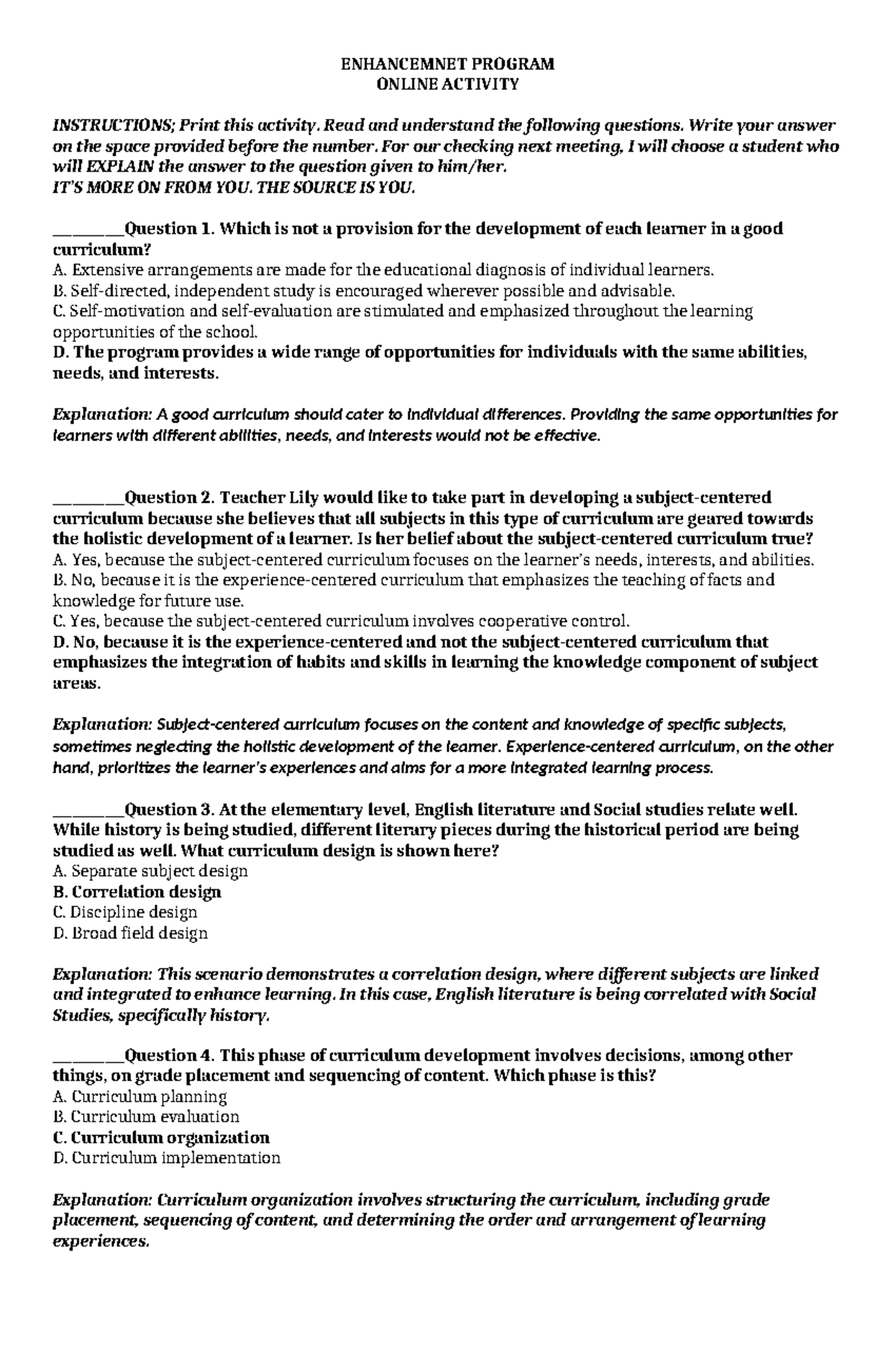 Practice Test - Prof Ed: Curriculum Development & Learning Theories ...