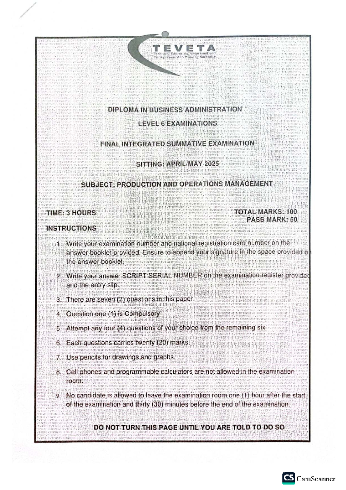 TEVETA Diploma in Business Administration Level 6 Final Exam ...