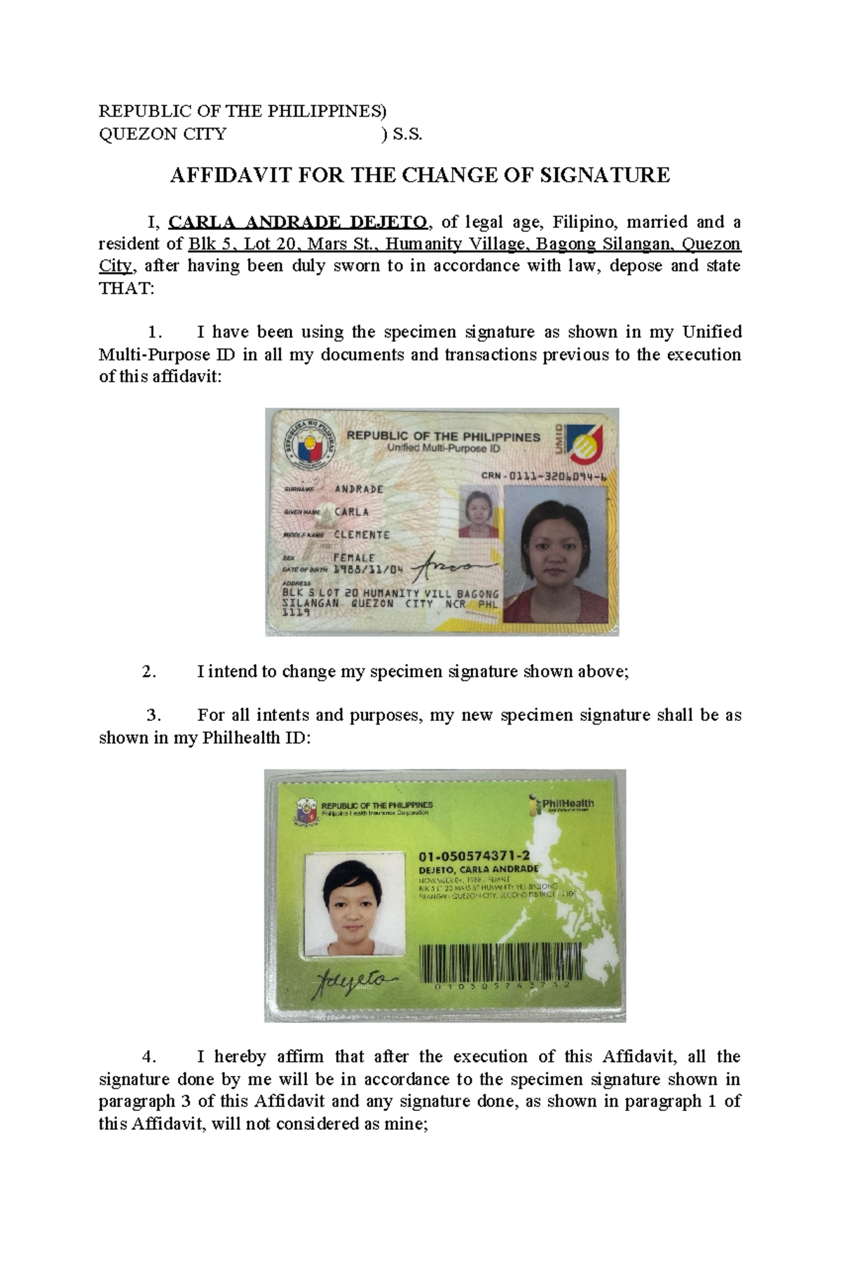 Affidavit (Legal Document) for Signature Change in Quezon City - Studocu