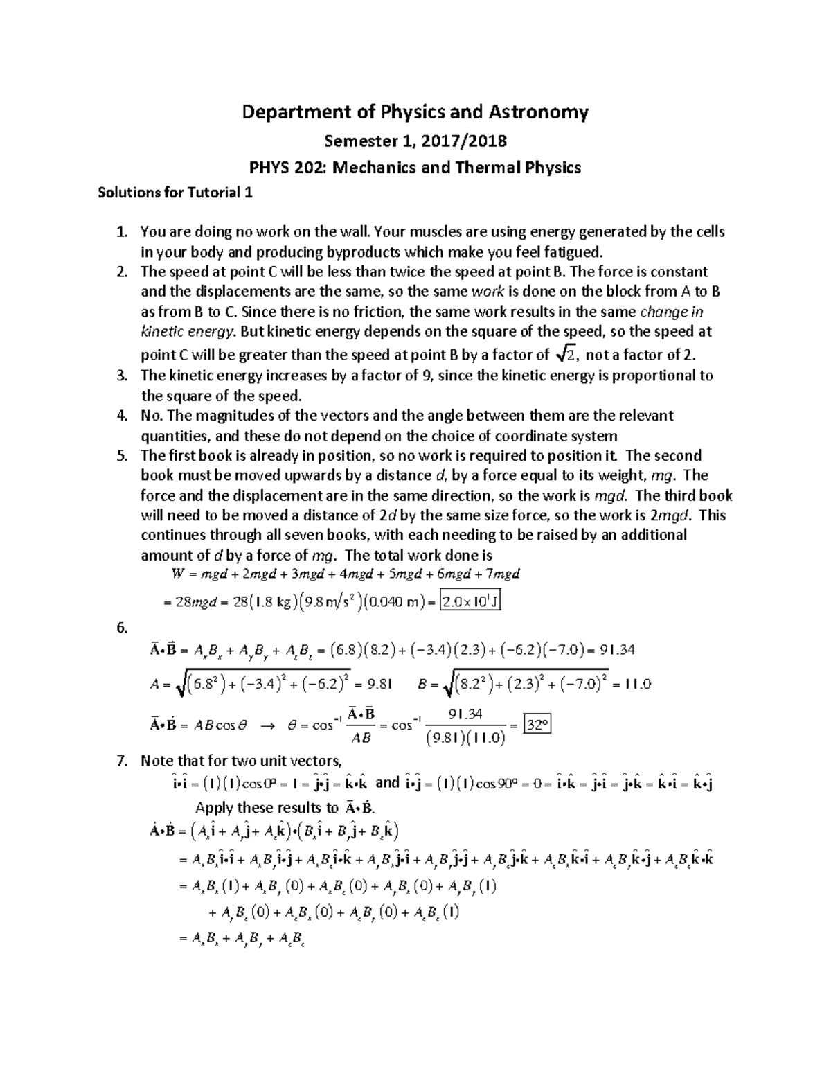 PHYS 202: Mechanics and Thermal Physics Tutorial 1 Solutions - Studocu