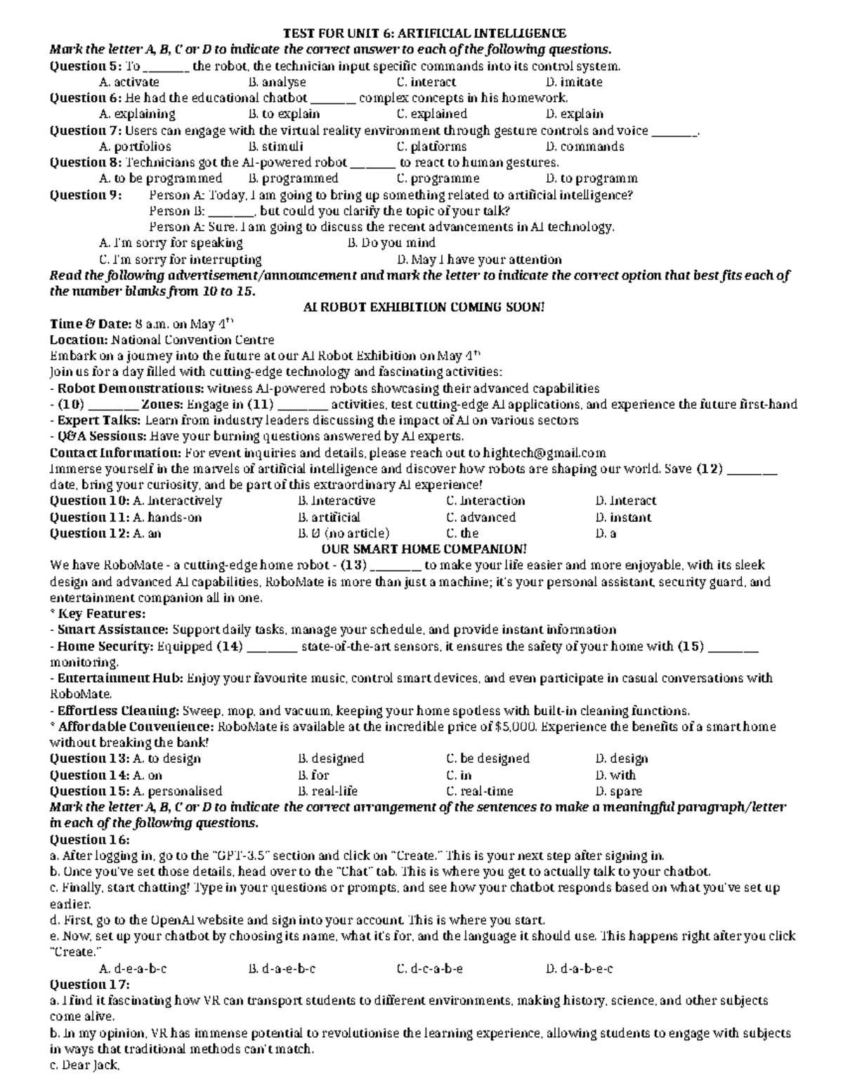 Unit 6 Test (Grade 12 Global Success): Understanding AI Concepts - Studocu