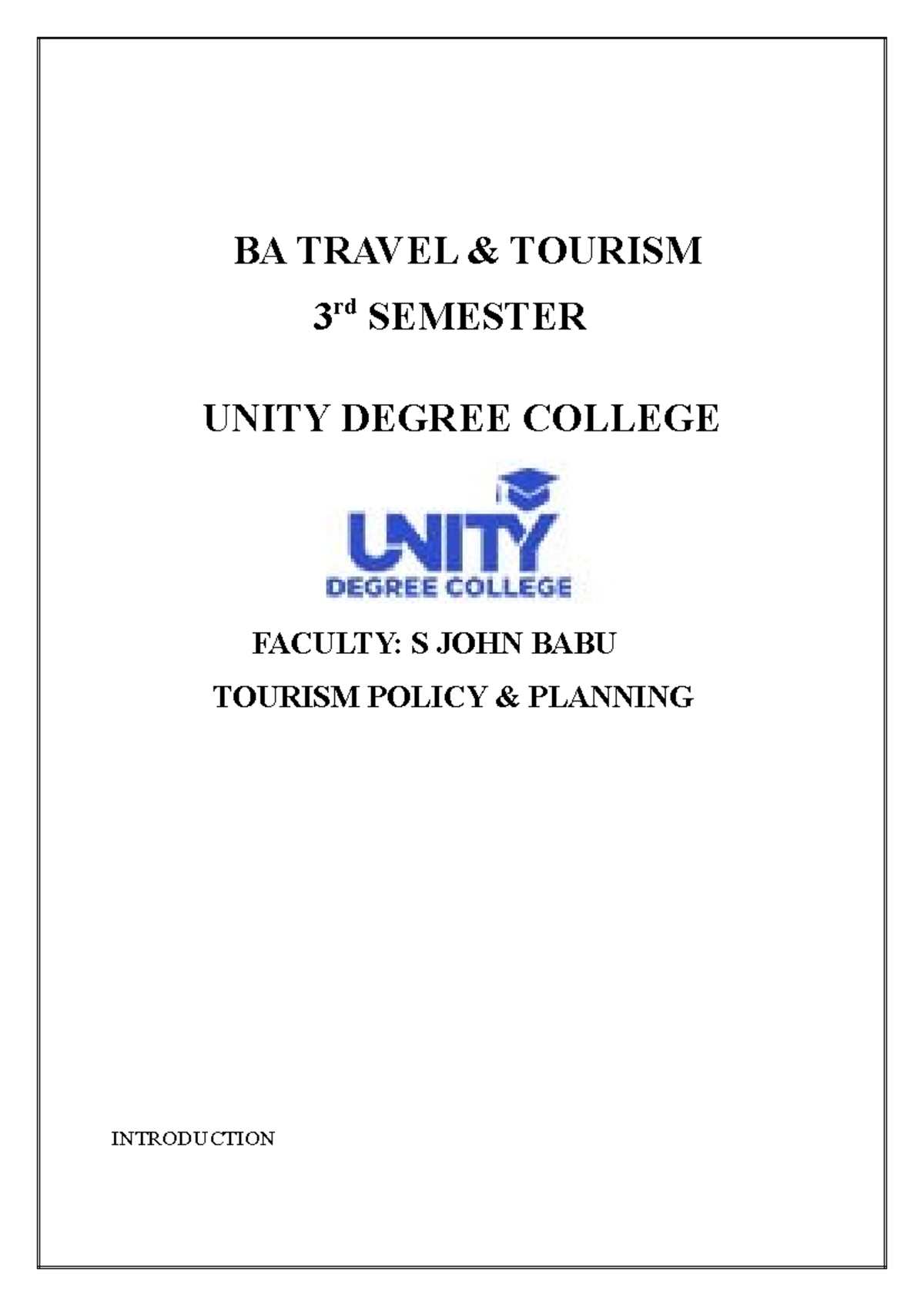 BA TRAVEL TOURISM 3rd SEMESTER: TOURISM POLICY PLANNING OVERVIEW - Studocu