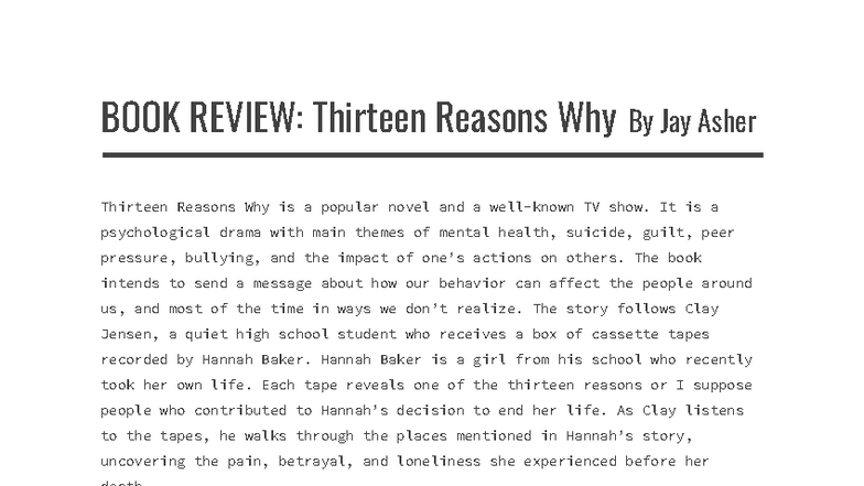 BOOK REVIEW: Thirteen Reasons Why by Jay Asher - Studocu