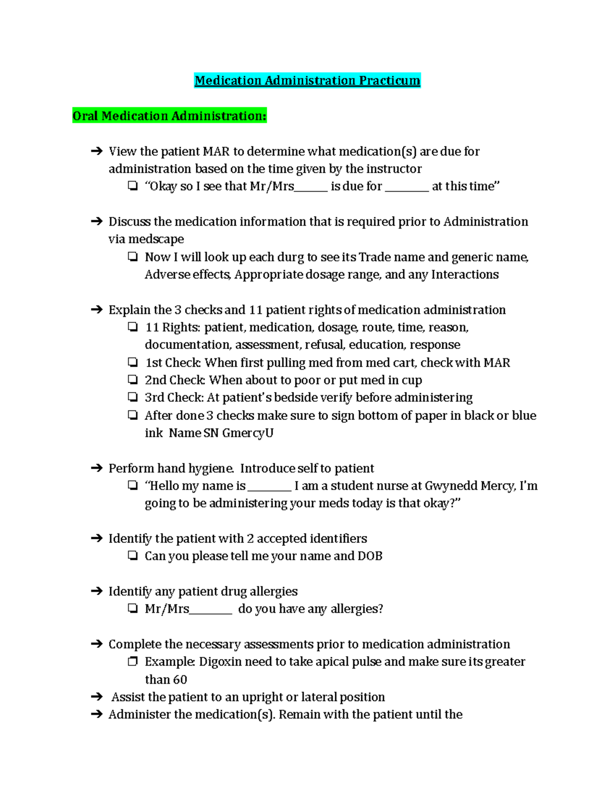 Medication Administration Practicum: Key Techniques and Protocols - Studocu