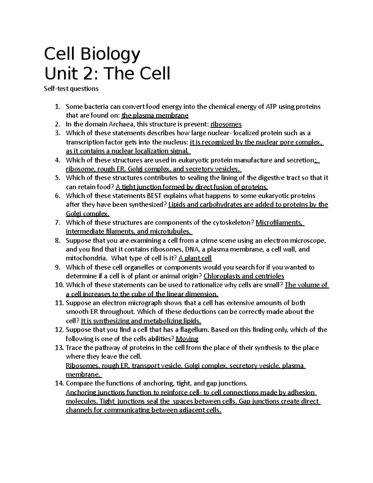 Cell Biology - Unit 2 & 3 Self-Test Questions for Homework - Studocu