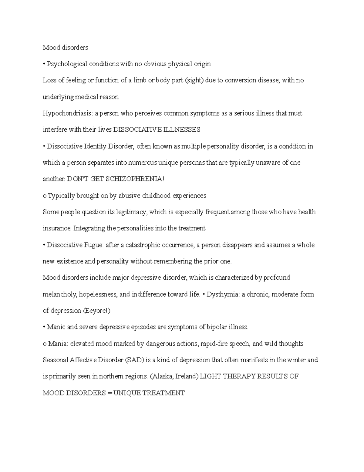 Mood Disorders Overview - Notes for Psychology 101 Study - Studocu