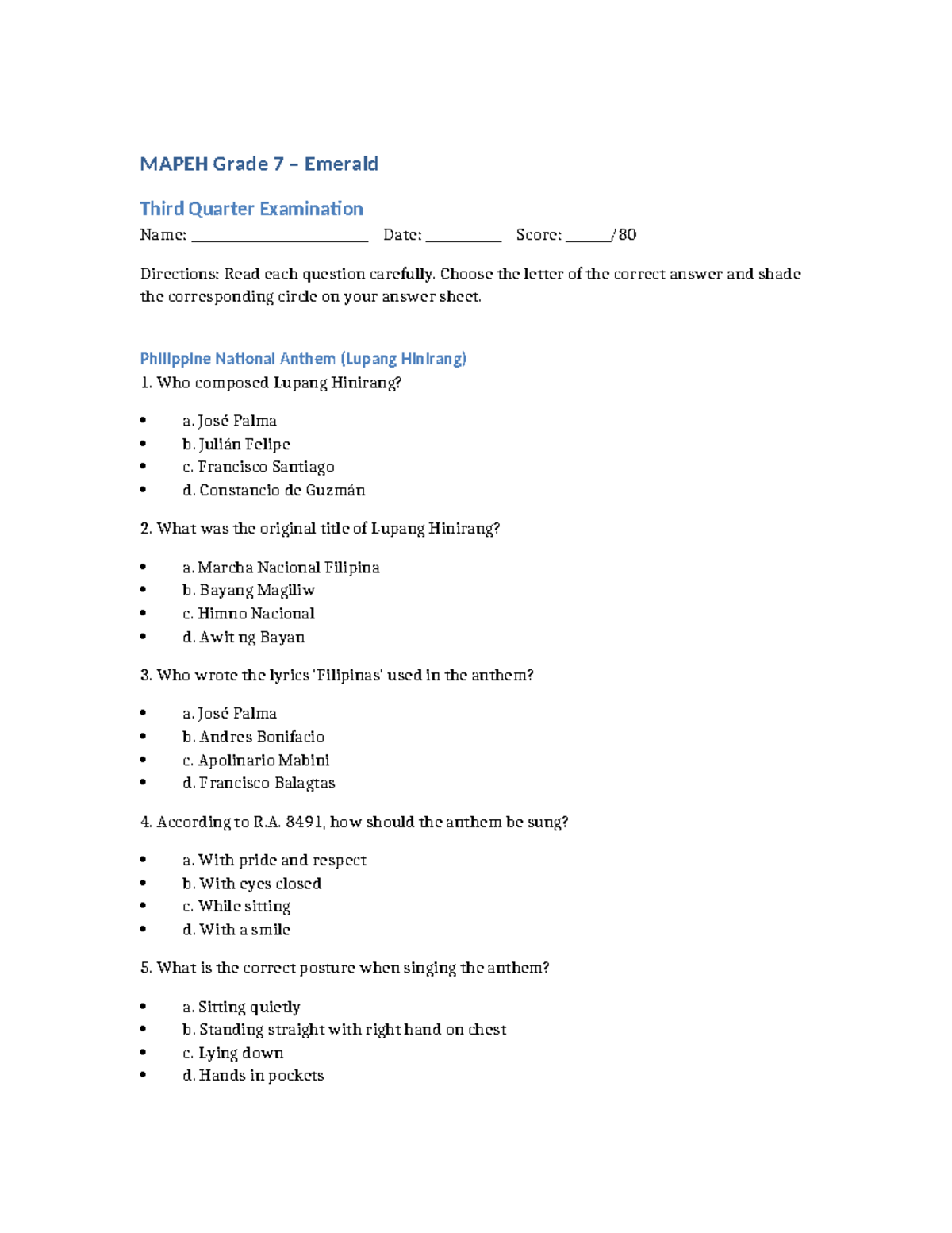 MAPEH Grade 7 Emerald Third Quarter Exam Review Guide - Studocu