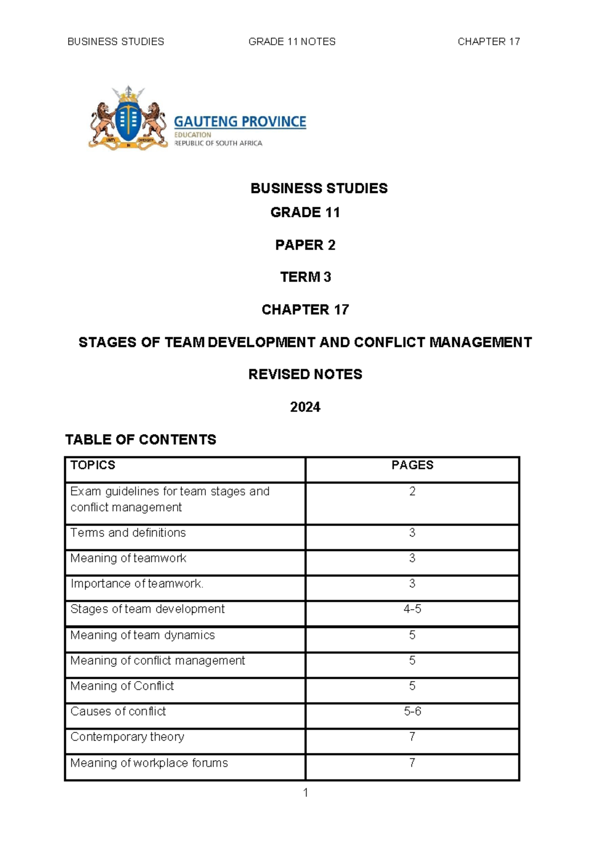 BUSINESS STUDIES GRADE 11 NOTES: CHAPTER 17 TEAM DEVELOPMENT & CONFLICT ...