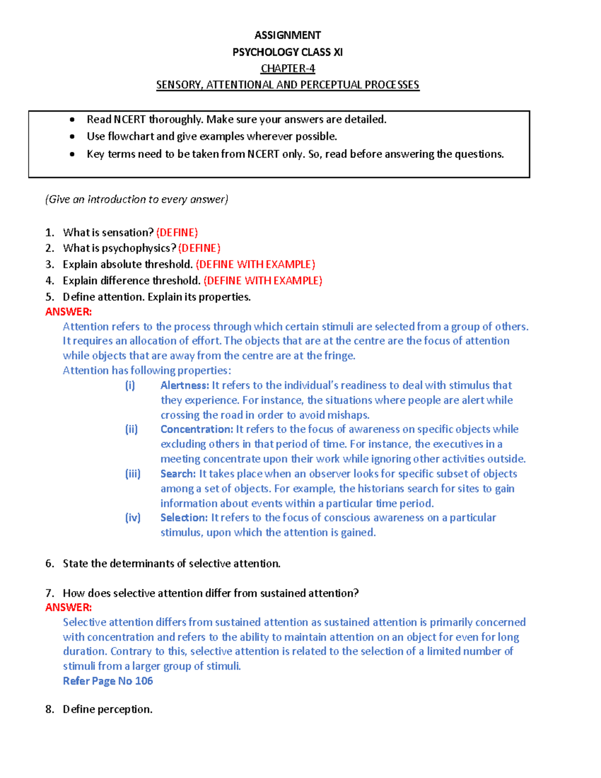 Chapter-4 Assignment PSYCHOLOGY CLASS XI: Sensory, Attentional & Perceptual - Studocu