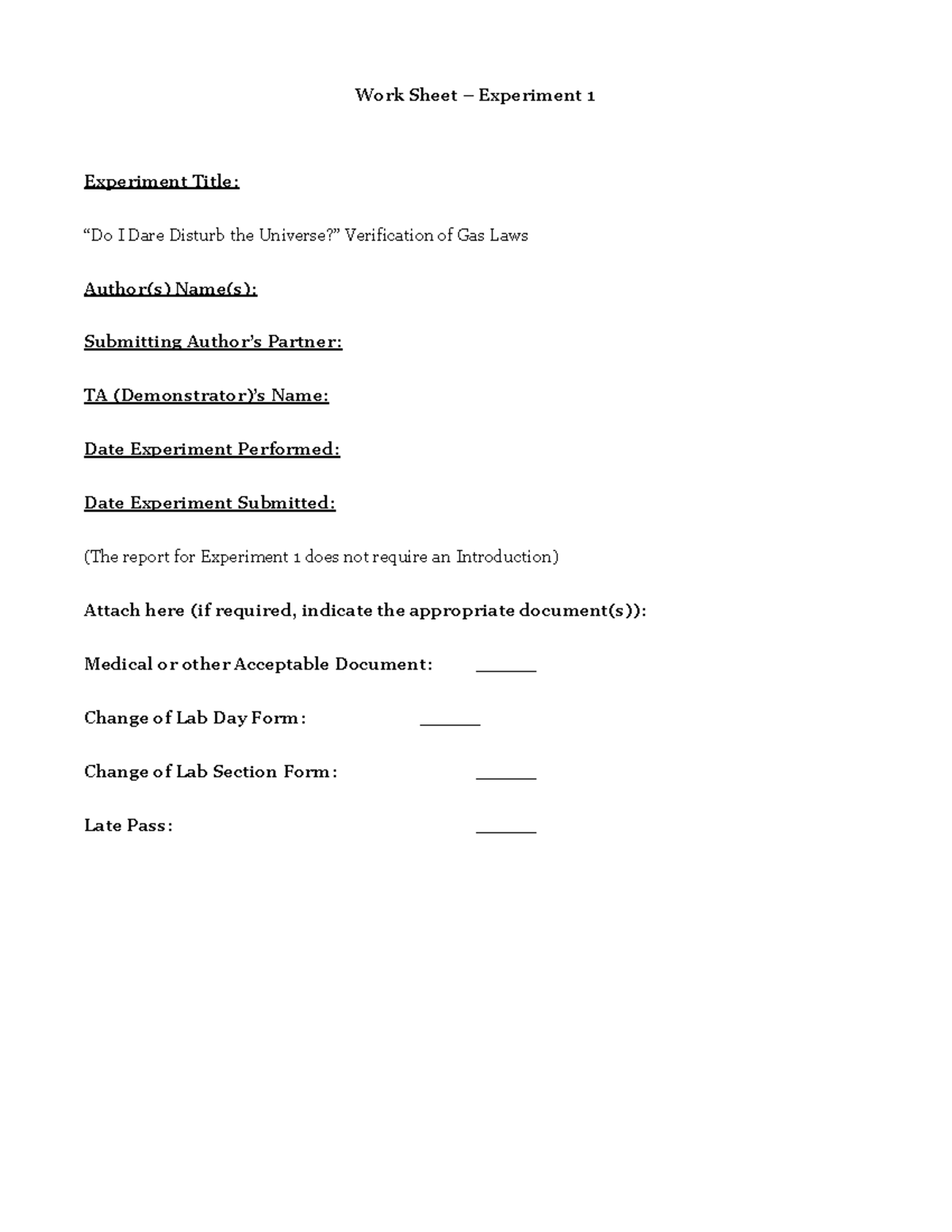 Experiment 1 - Lab Report - Work Sheet – Experiment 1 Experiment Title ...