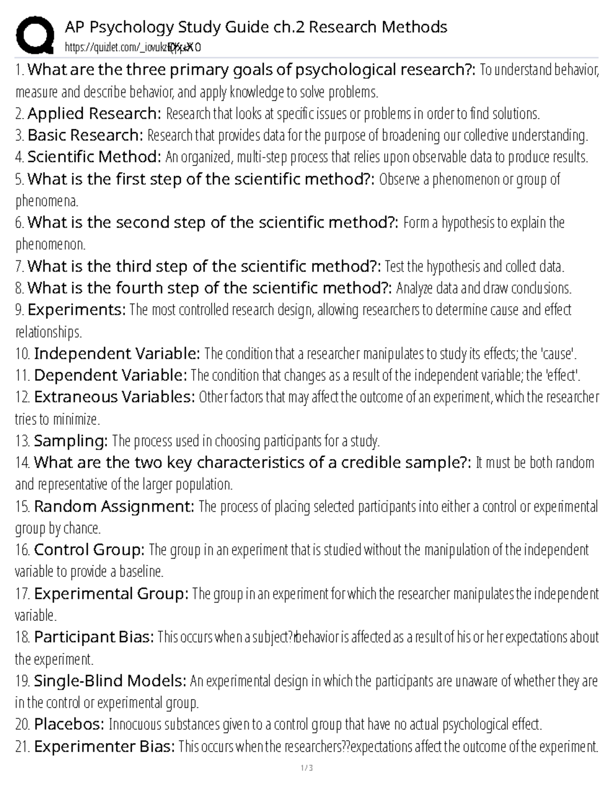 AP Psychology Study Guide: Chapter 2 Research Methods - Studocu