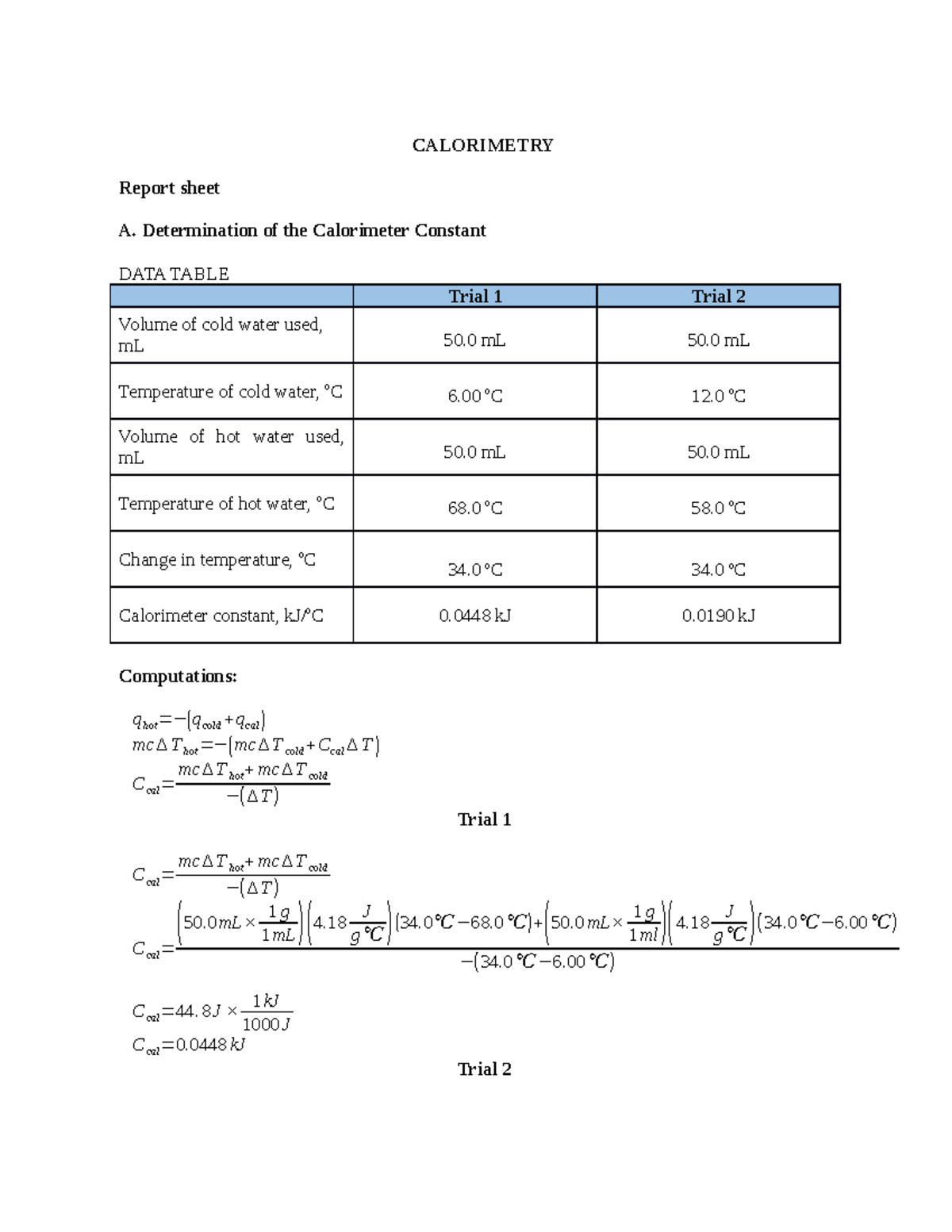 Calorimetry Lab Report for CHEM 101: Heat Measurements and Calculations ...